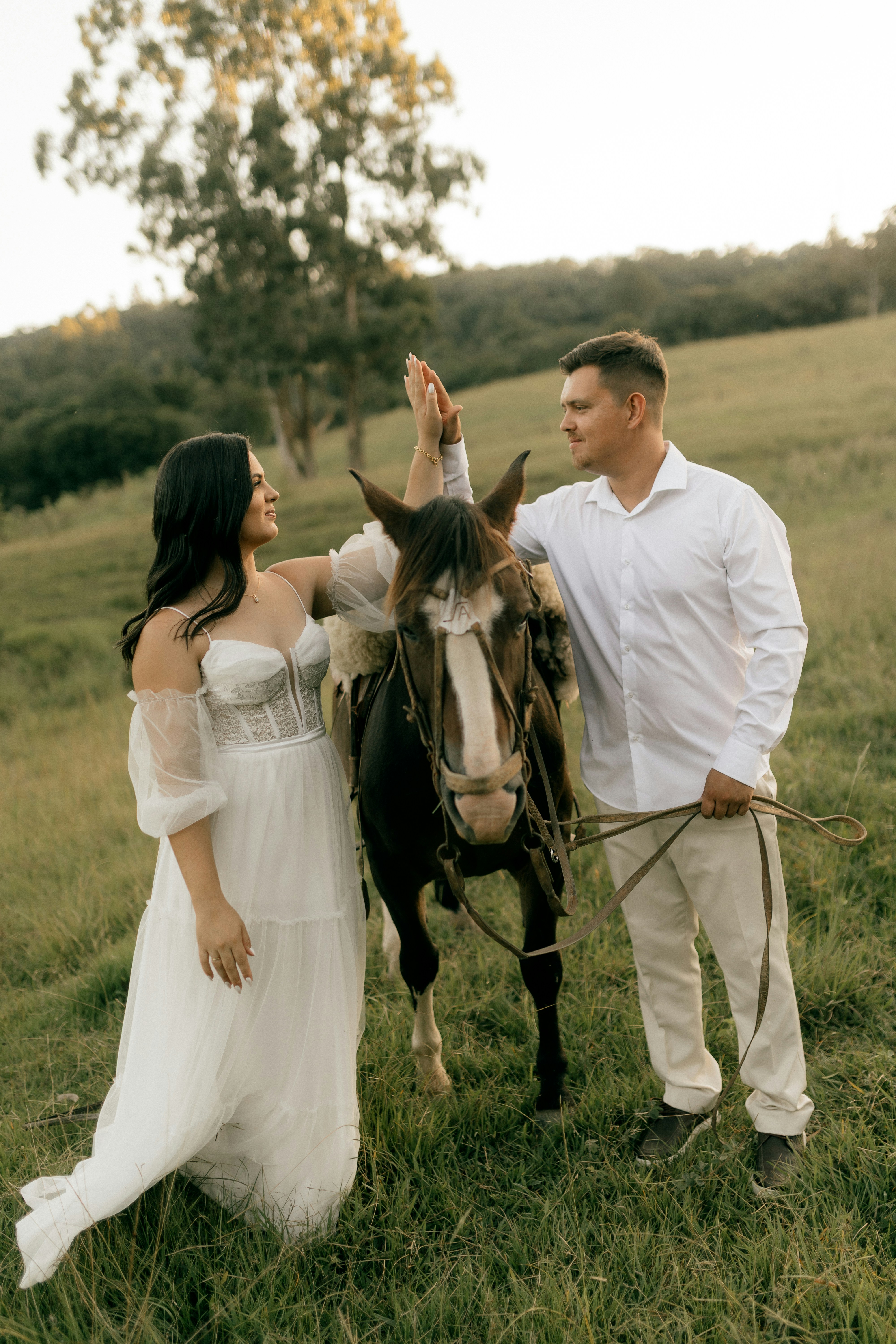 Pastoral Portrait: Two Lovers and a Steed in Evening Light