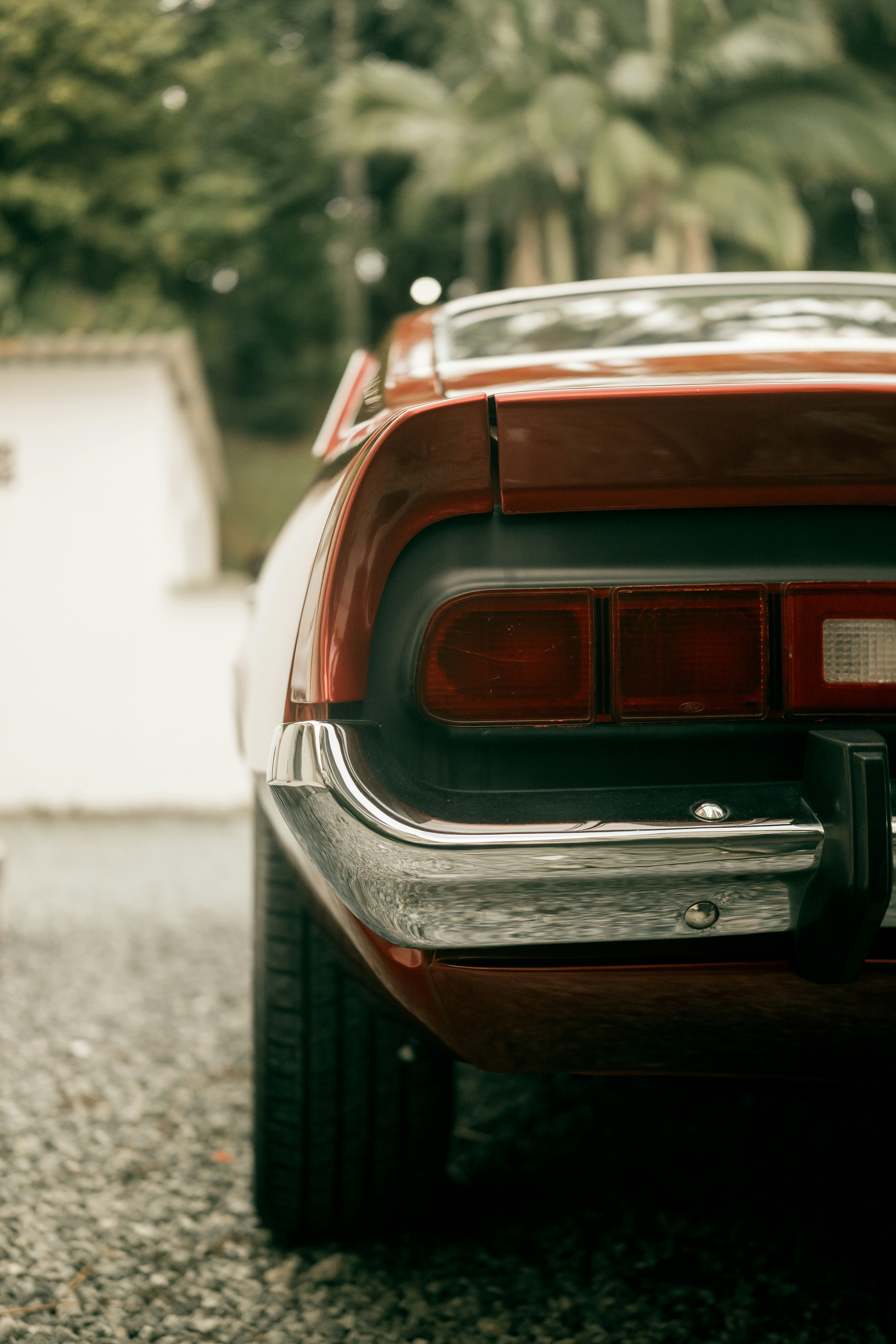 Red Tail Lights and Chrome: Back of a Classic Car Resting in the Driveway