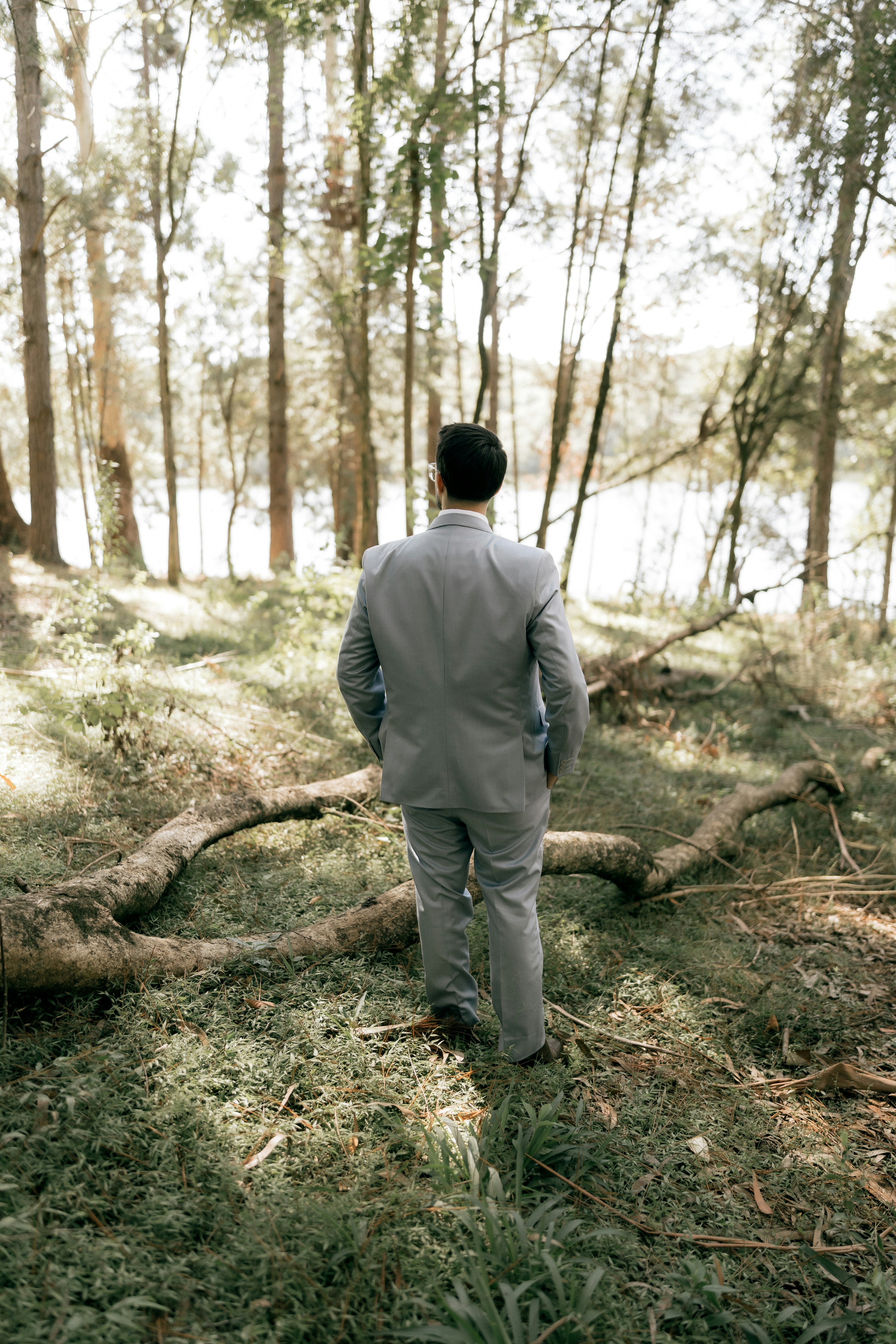 Silhouette in the Silent Woods: A Man in Grey Steps Toward the Light