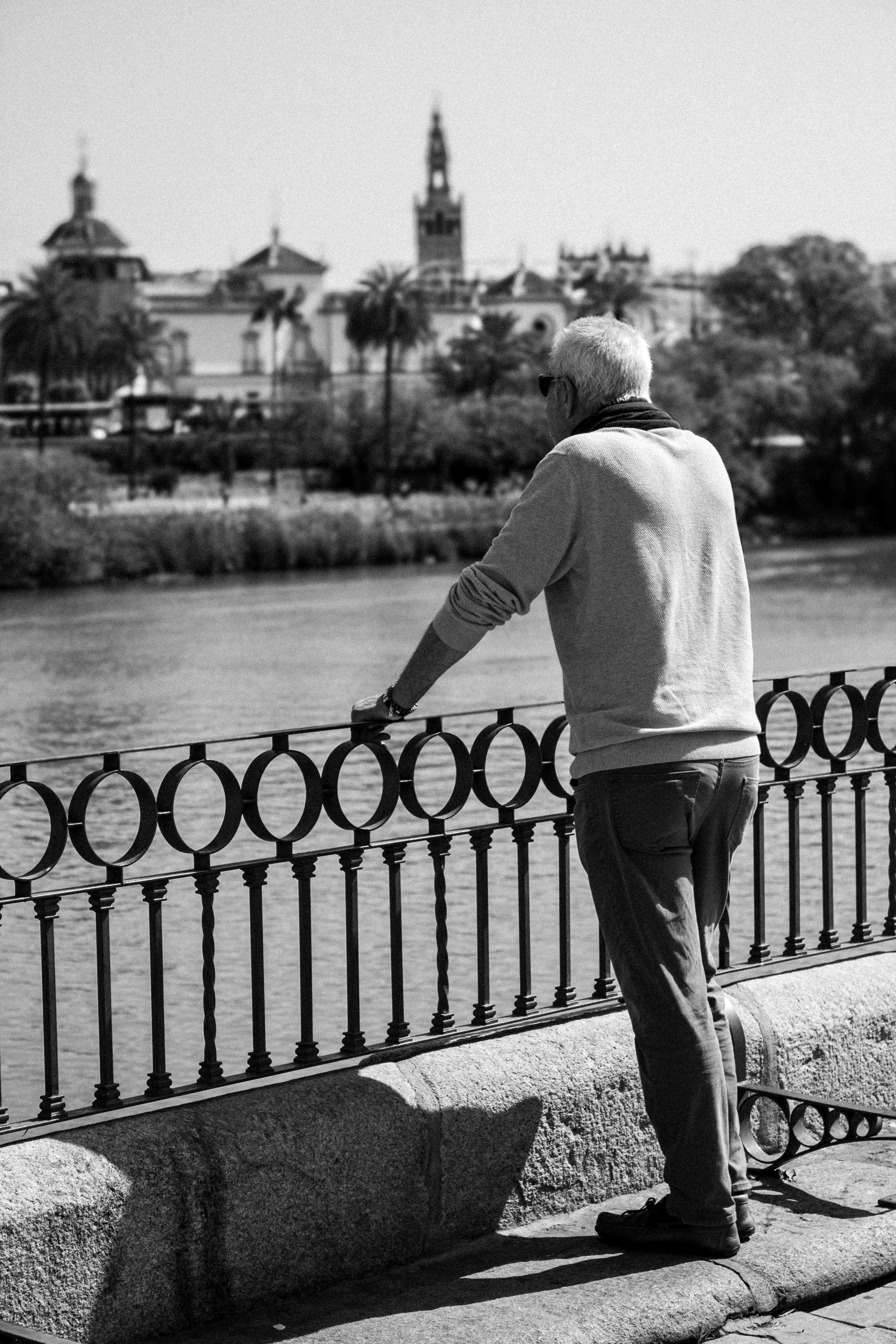 On the Riverside Rail: A Contemplative Walk with Distant Cityscape