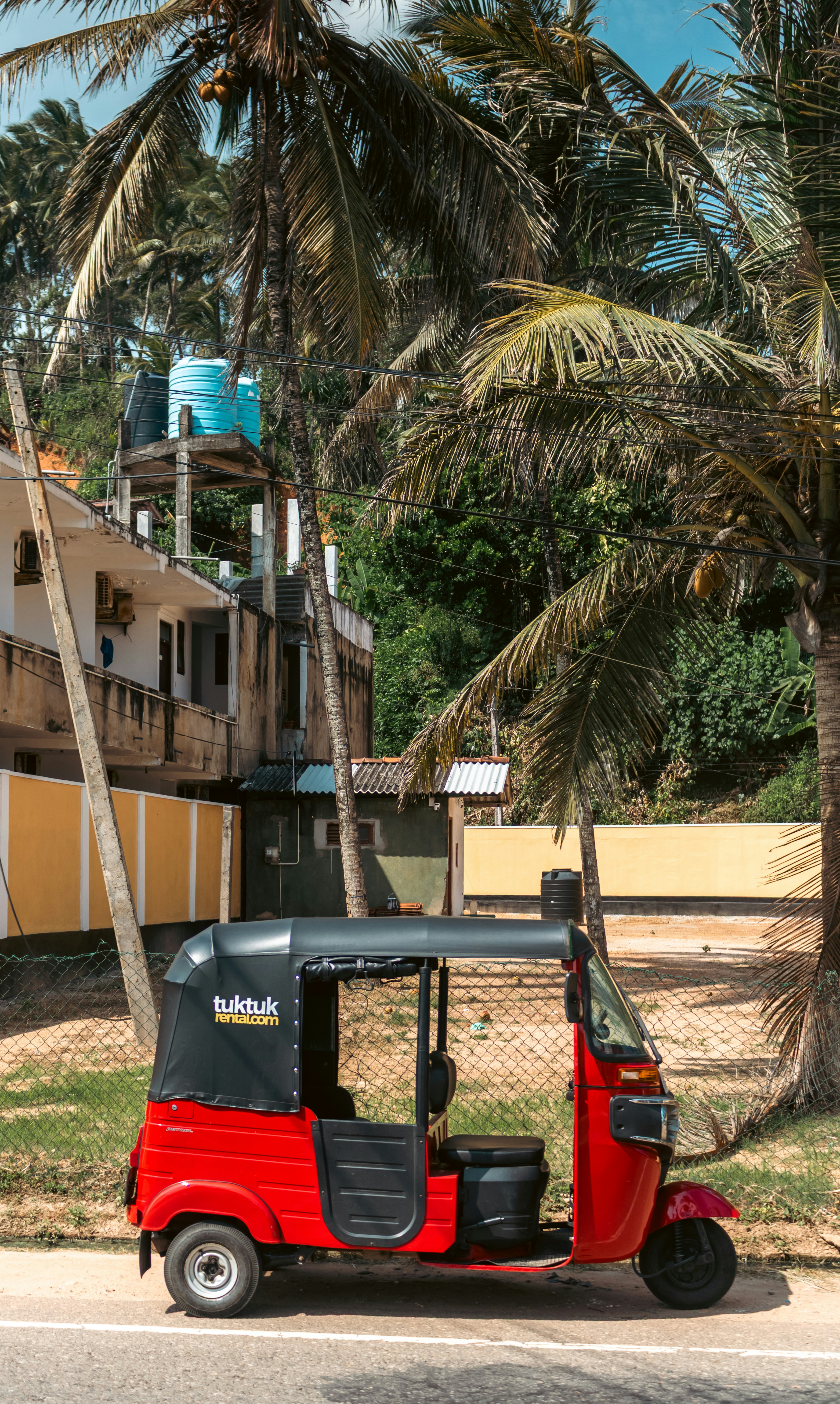 Red Tuk-tuk Resting by Palm Shade