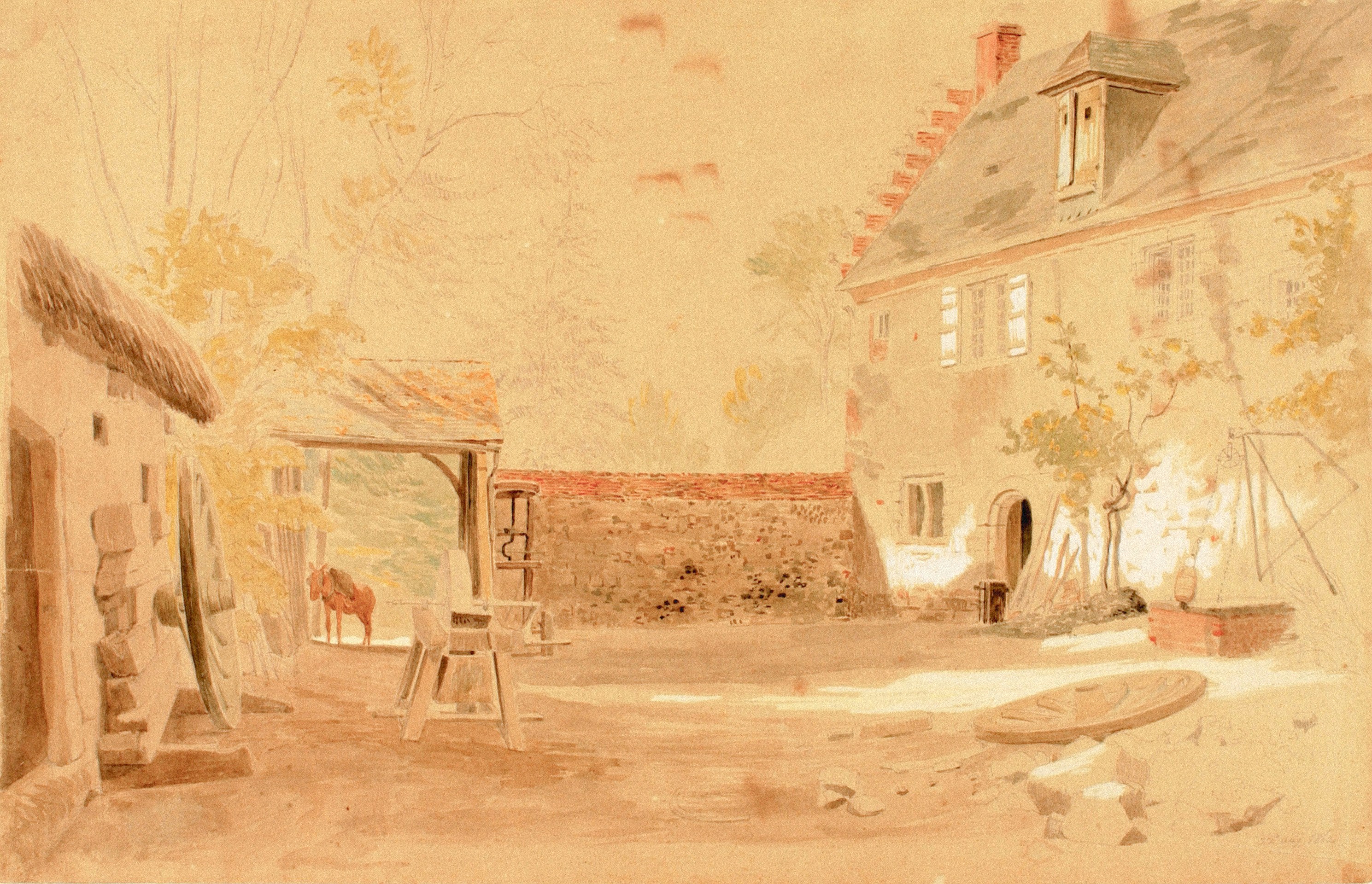 Sunlit Courtyard at Dusk: Quiet Village Scene in Warm Hue
