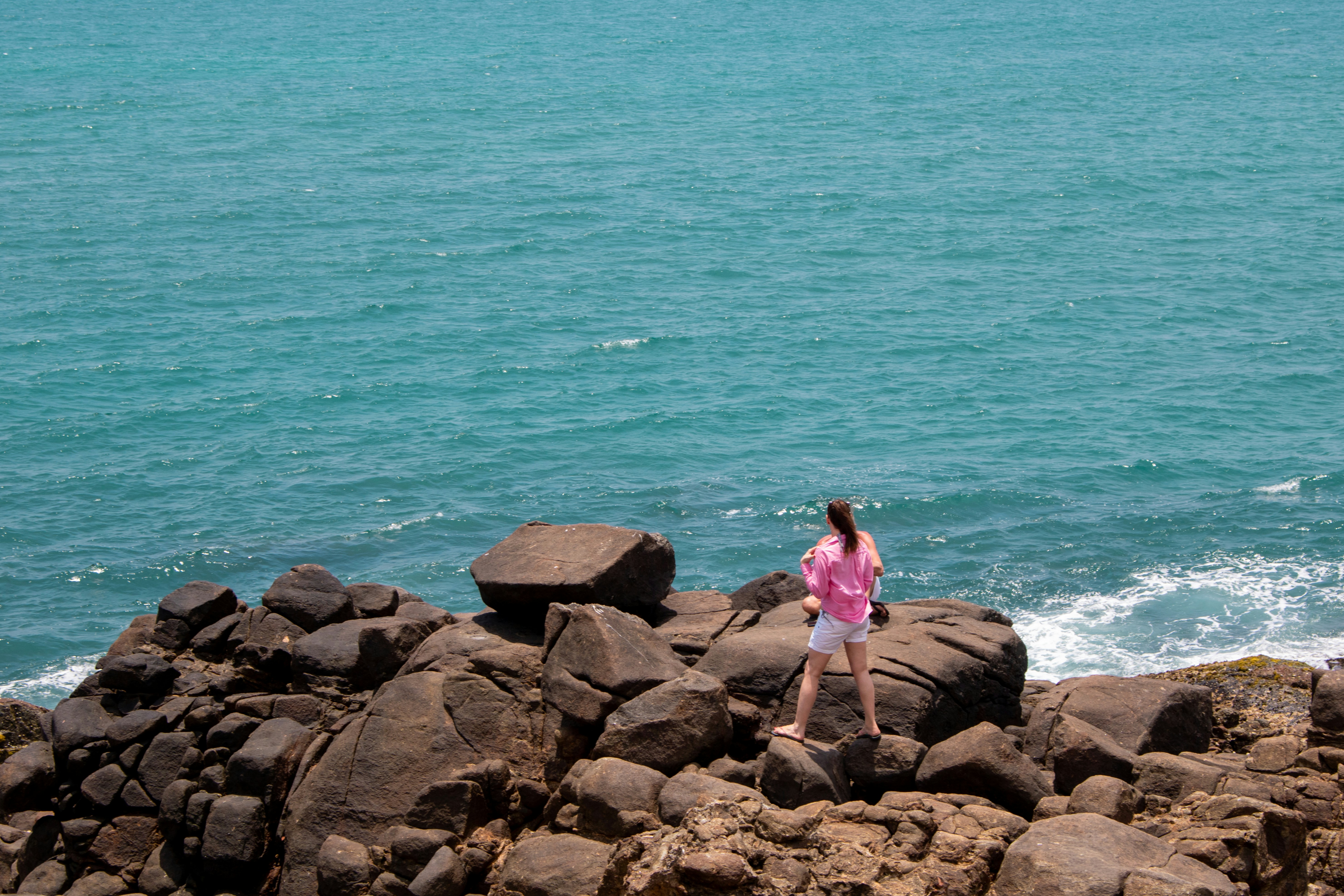 Solitary Seashore Stance on Weathered Rocks