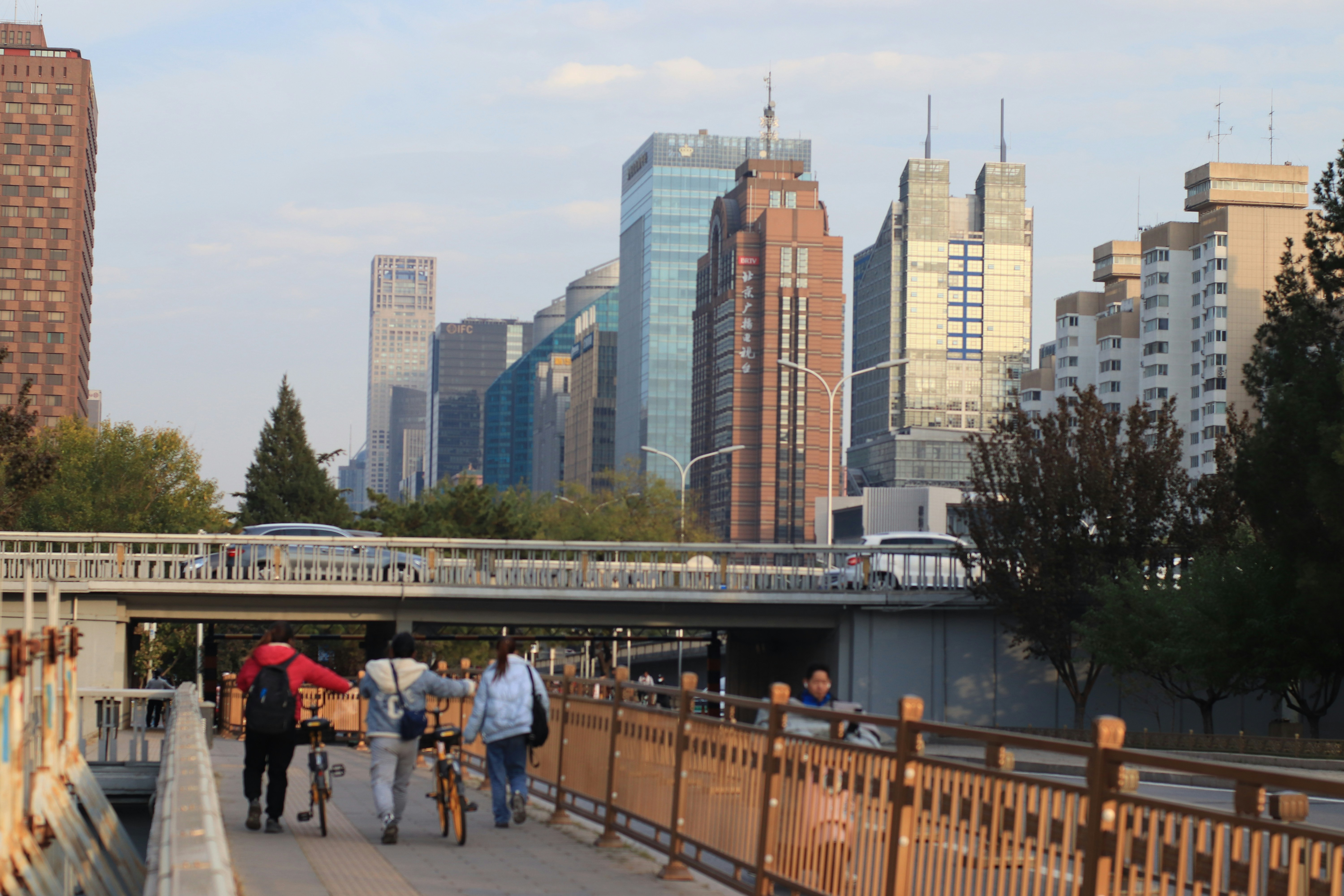 Pedestrian Bridge Beneath a Skyline of Modern Towers