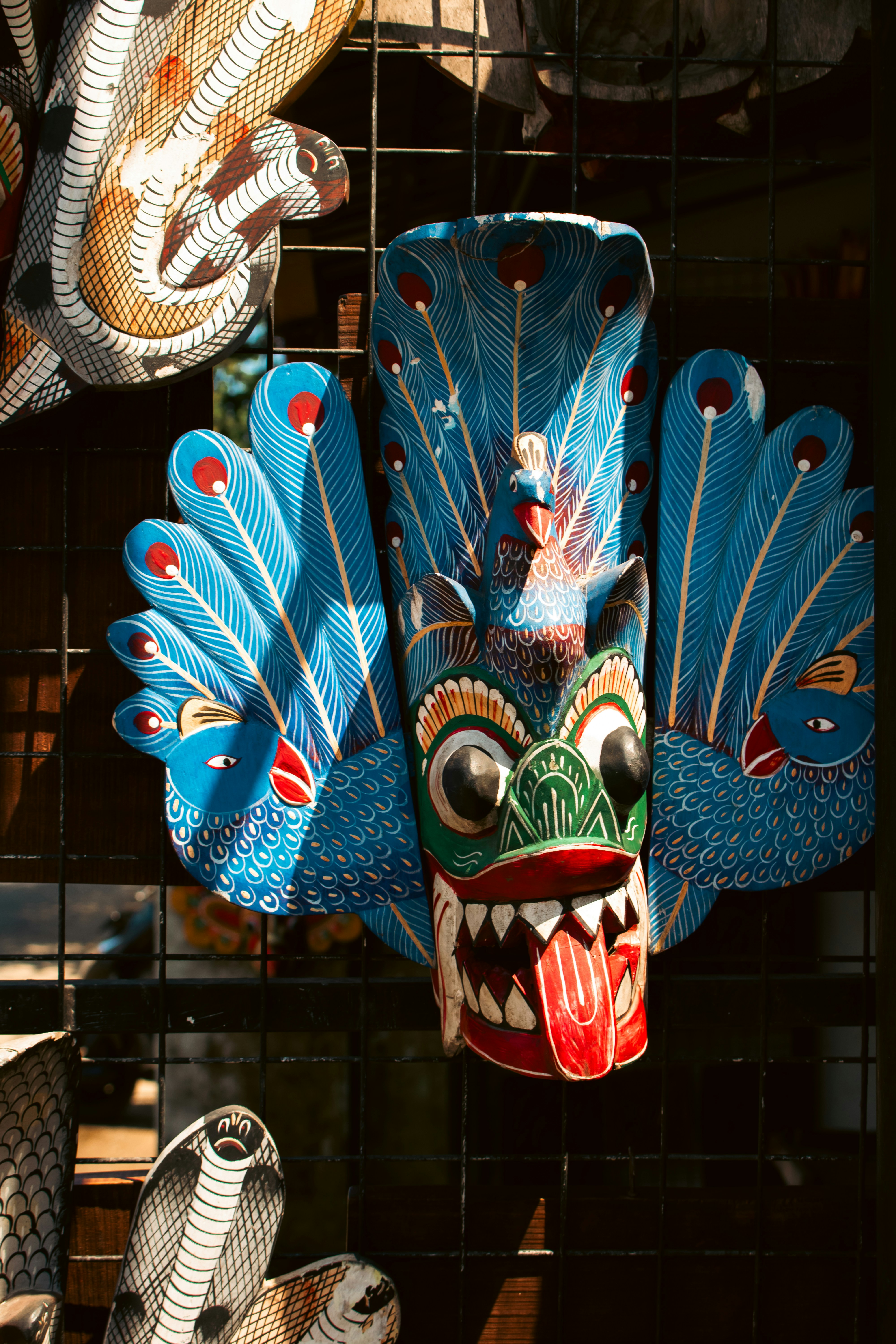 Ceremonial Blue Dragon Mask on Wire Grid