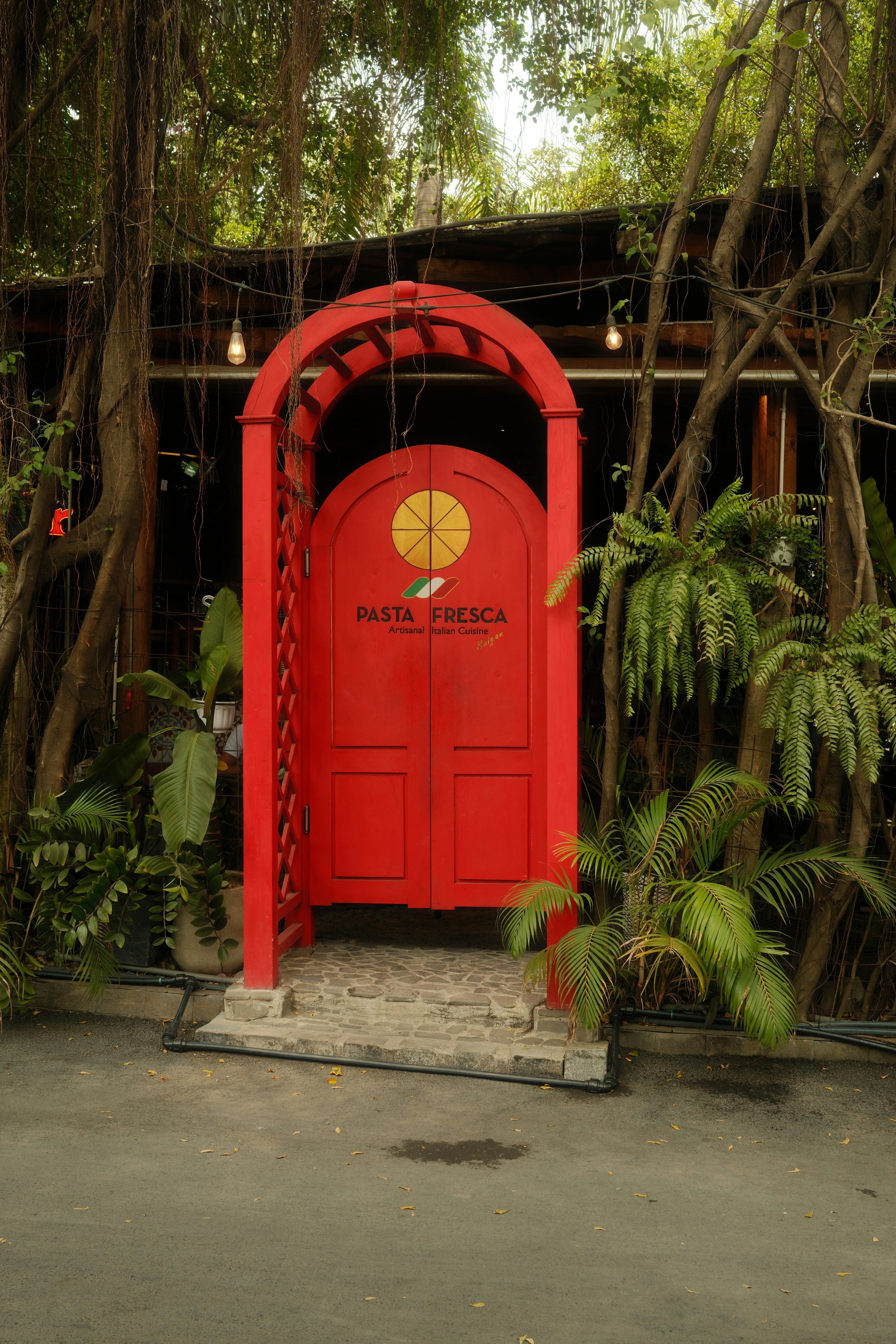 Crimson Portal Amid Tranquil Foliage