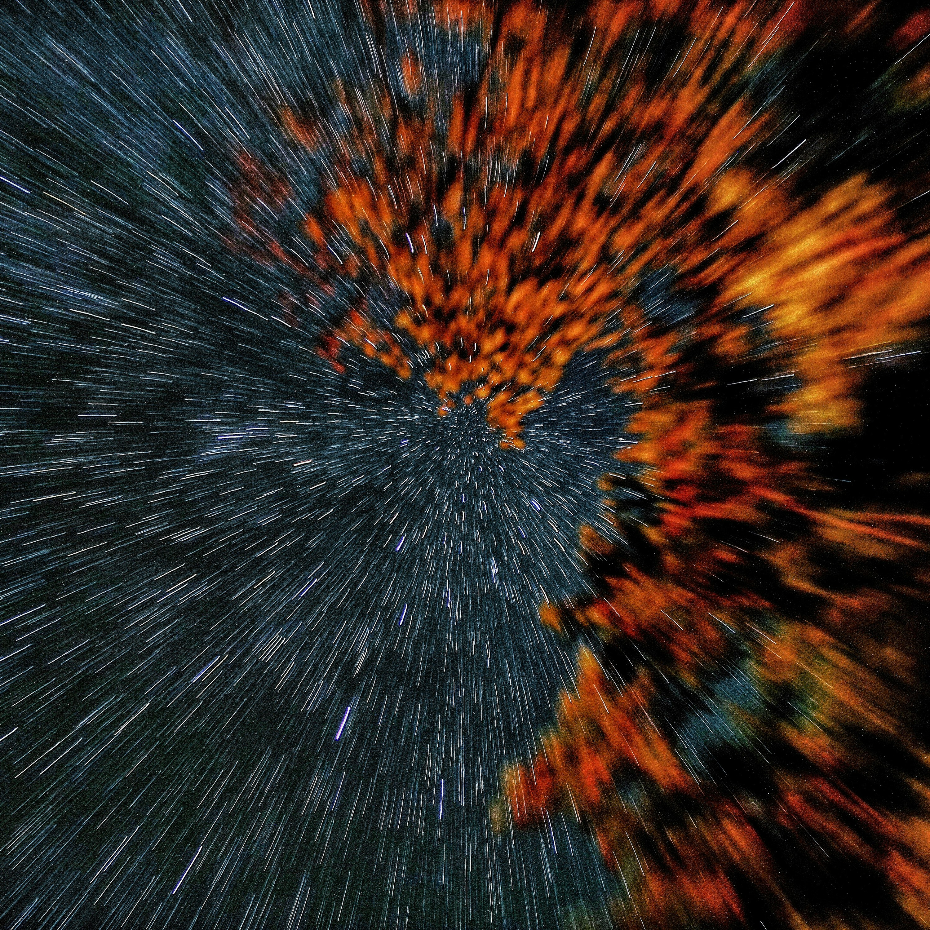 Rotating Night Sky: A Burst of Star Trails Across Ember-tinged Foliage