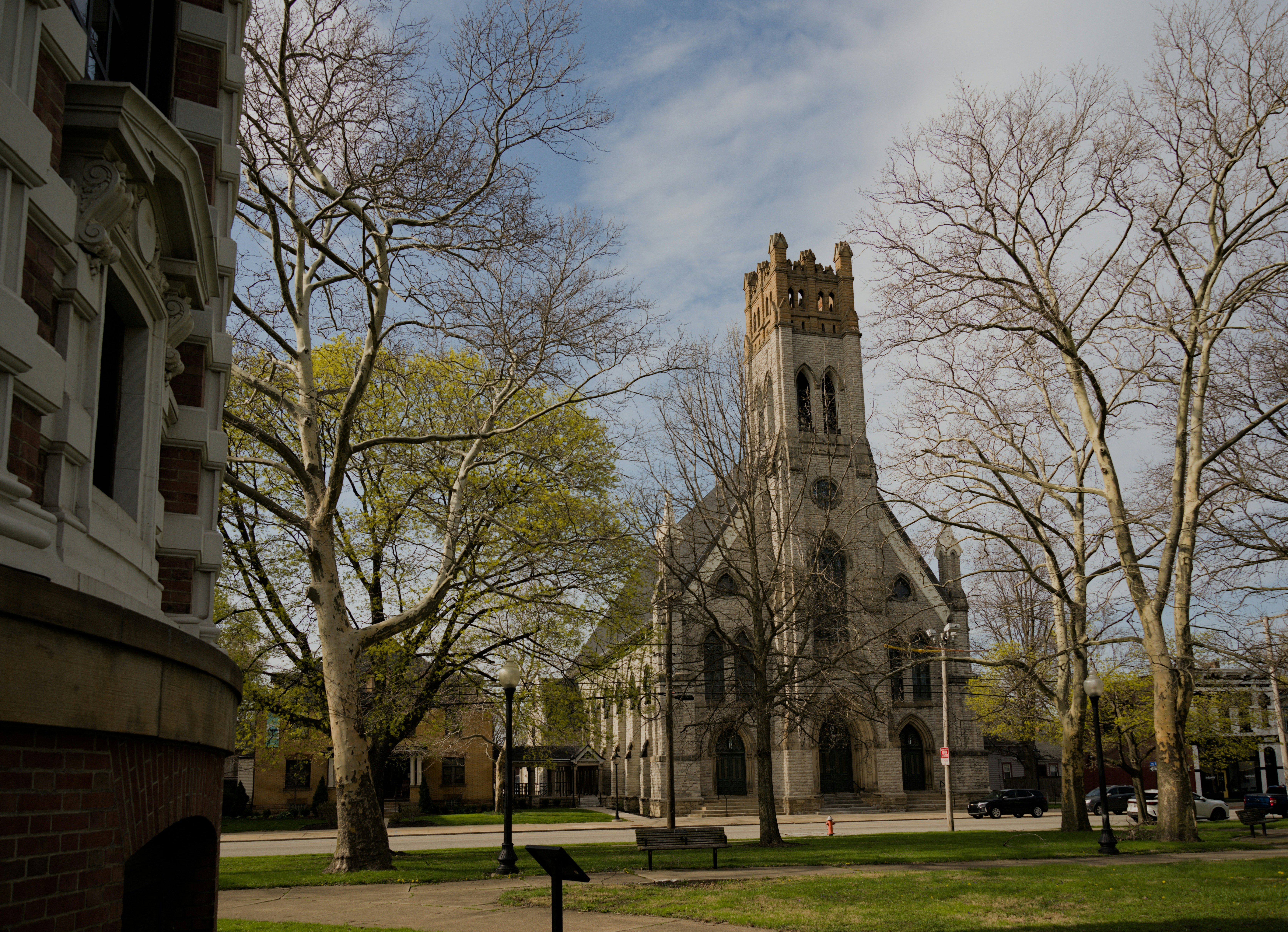 Gothic Tower Amid Sparkling Spring Street