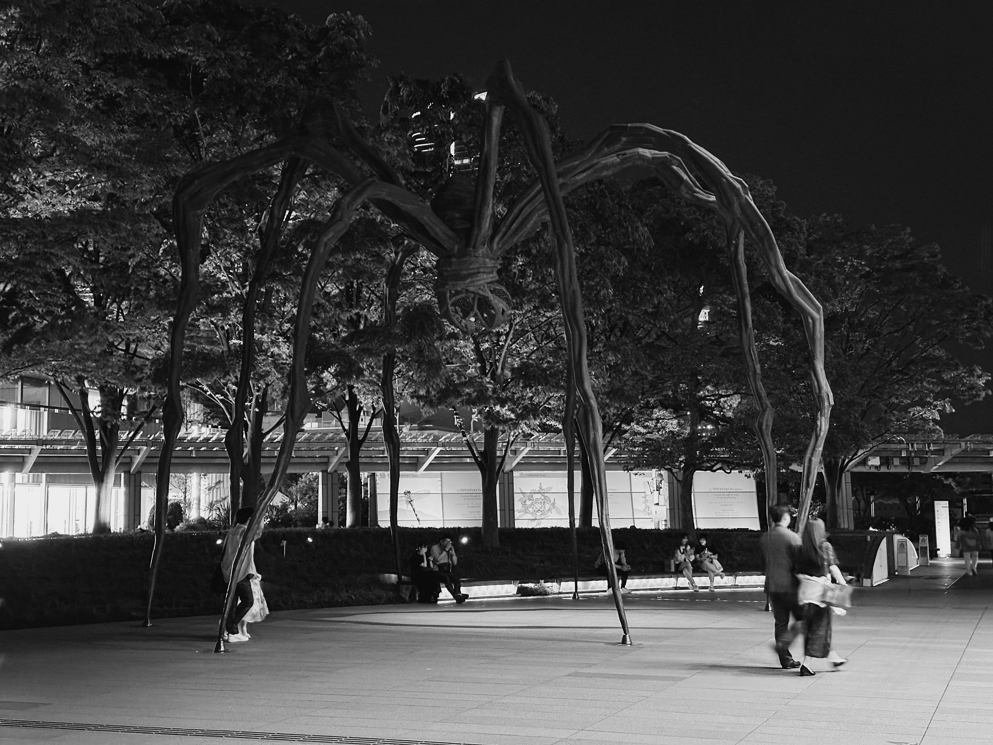 Giant spider sculpture in a park at night.