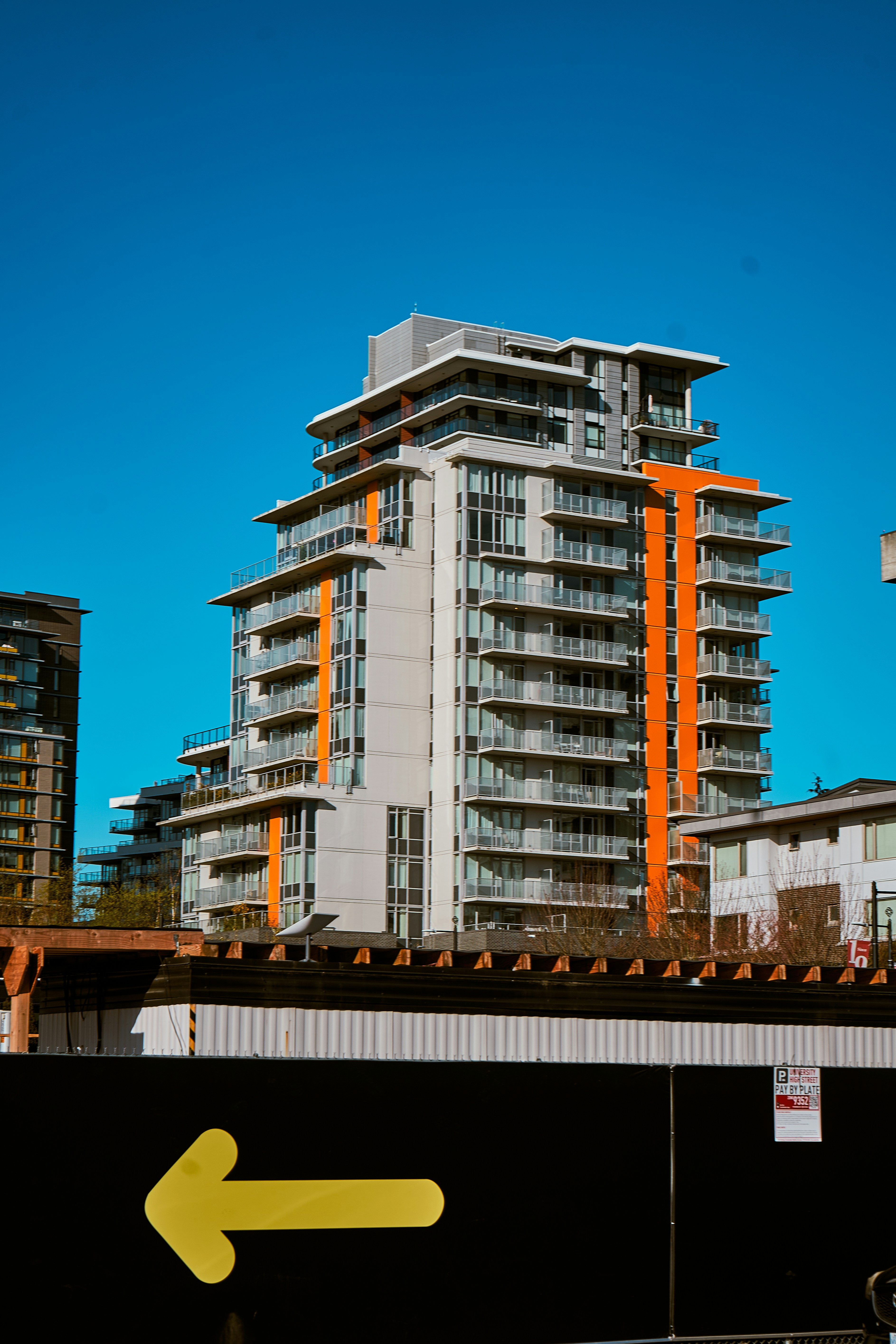Vertical Terrace: An Orange-Banded High-Race Against a Clear Blue Sky