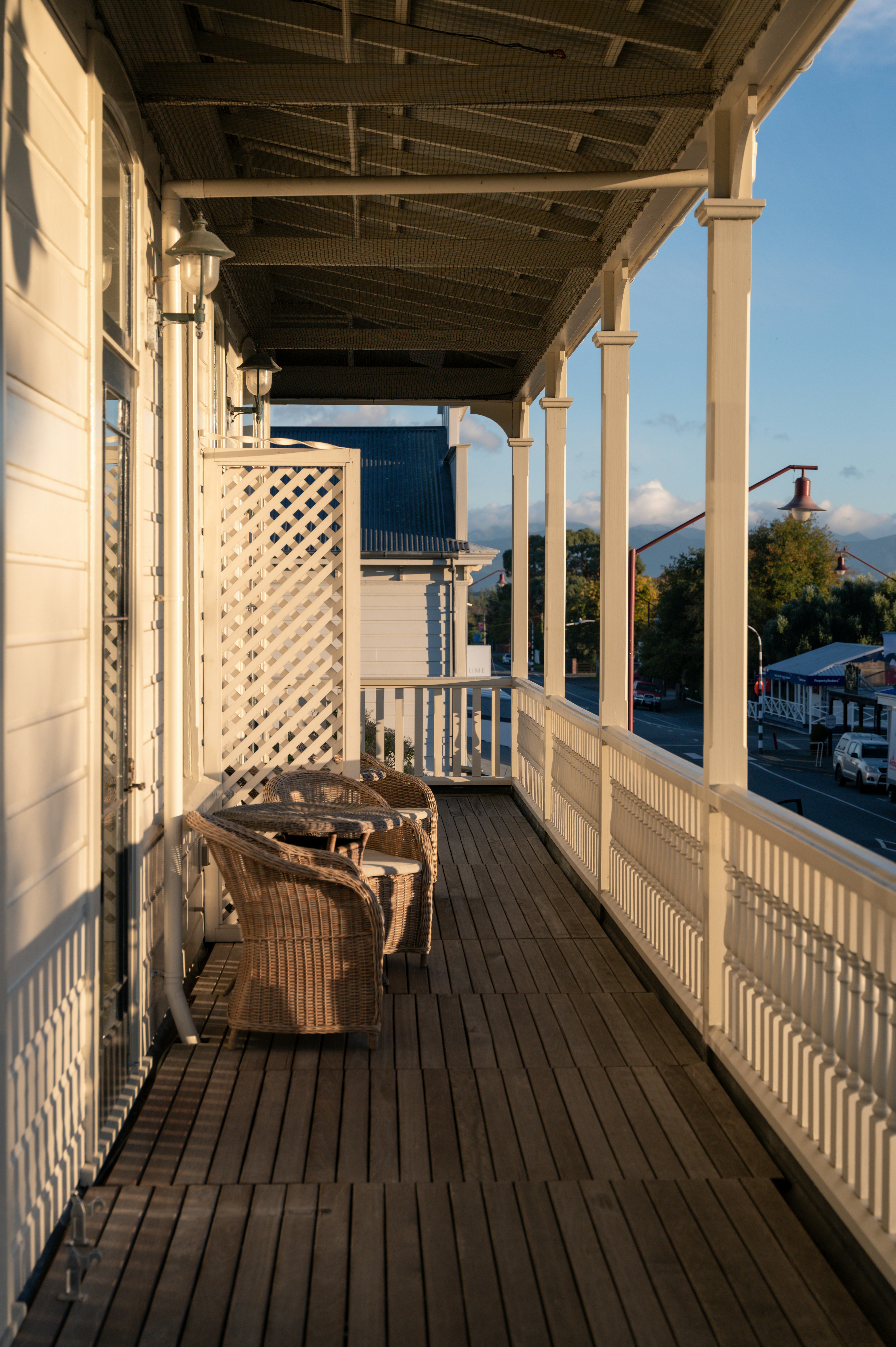 Quiet Balcony of a Coastal Main Street Inn