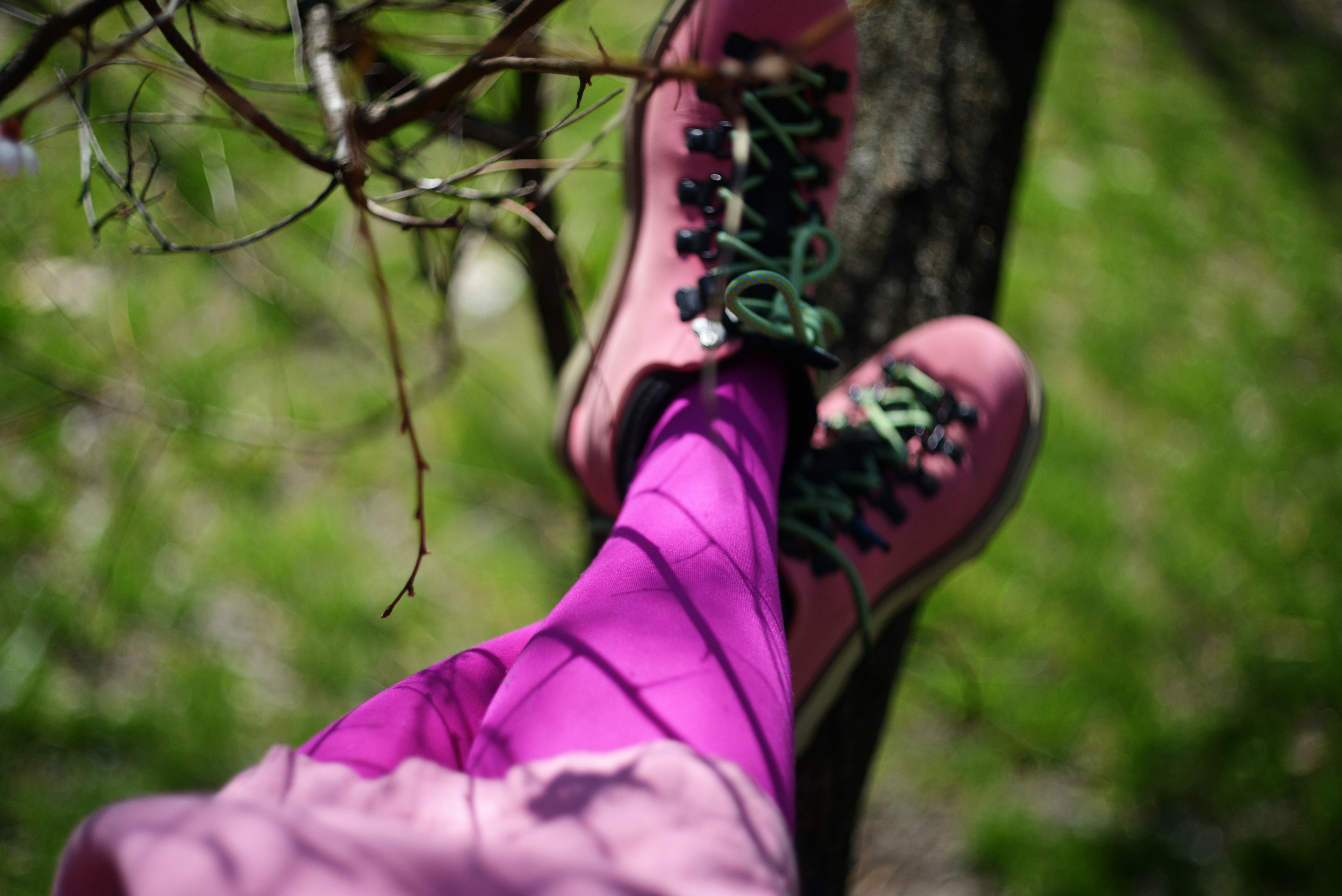Pink socks and hiking boots in a resting perch among greenery