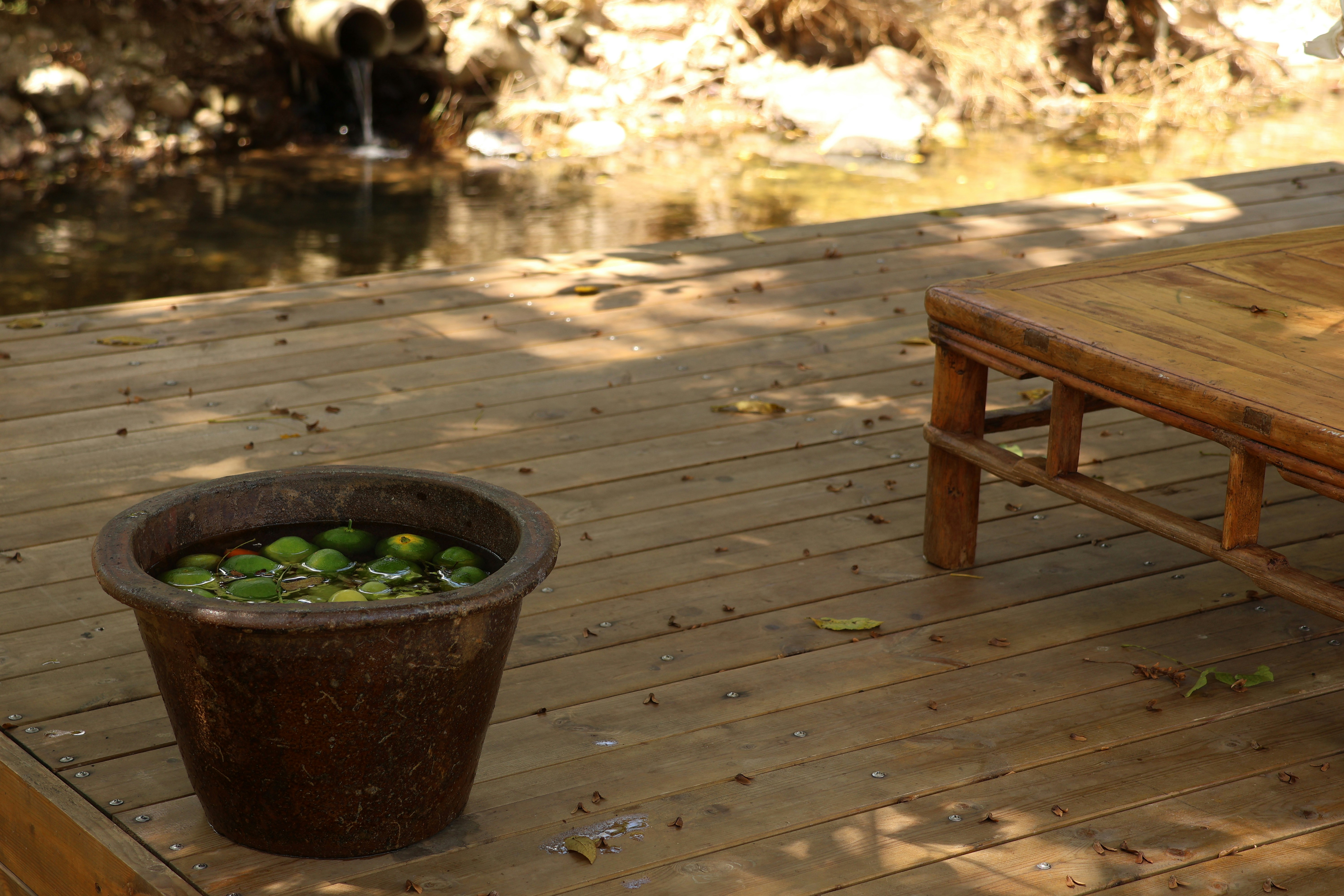 Terracotta Potain: A Quiet Deck with Floating Green on Wooden Slats