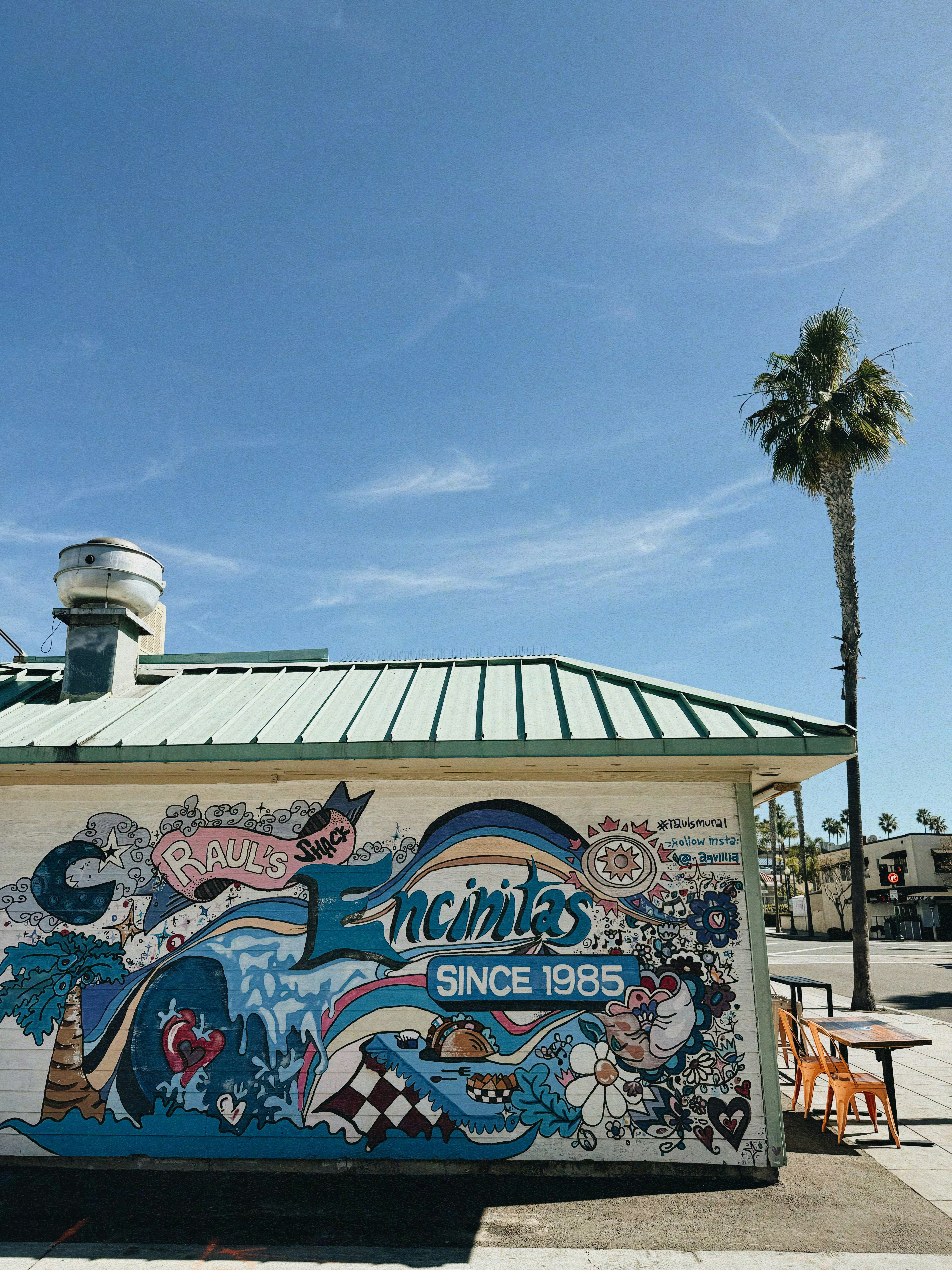 Sunlit mural of surf and palms anchoring a coastal scene