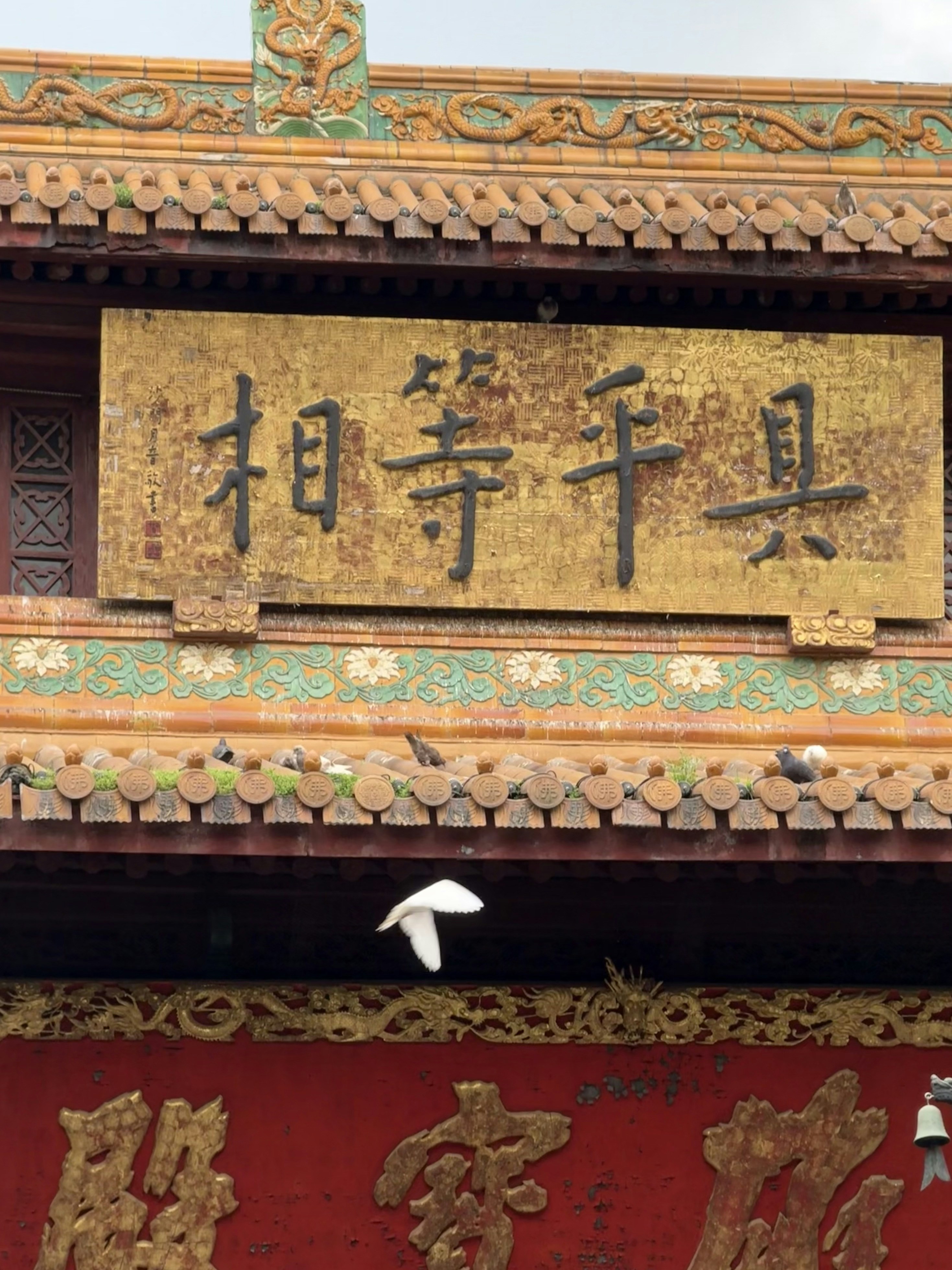 Golden plaque over ornate eaves with white dove in flight