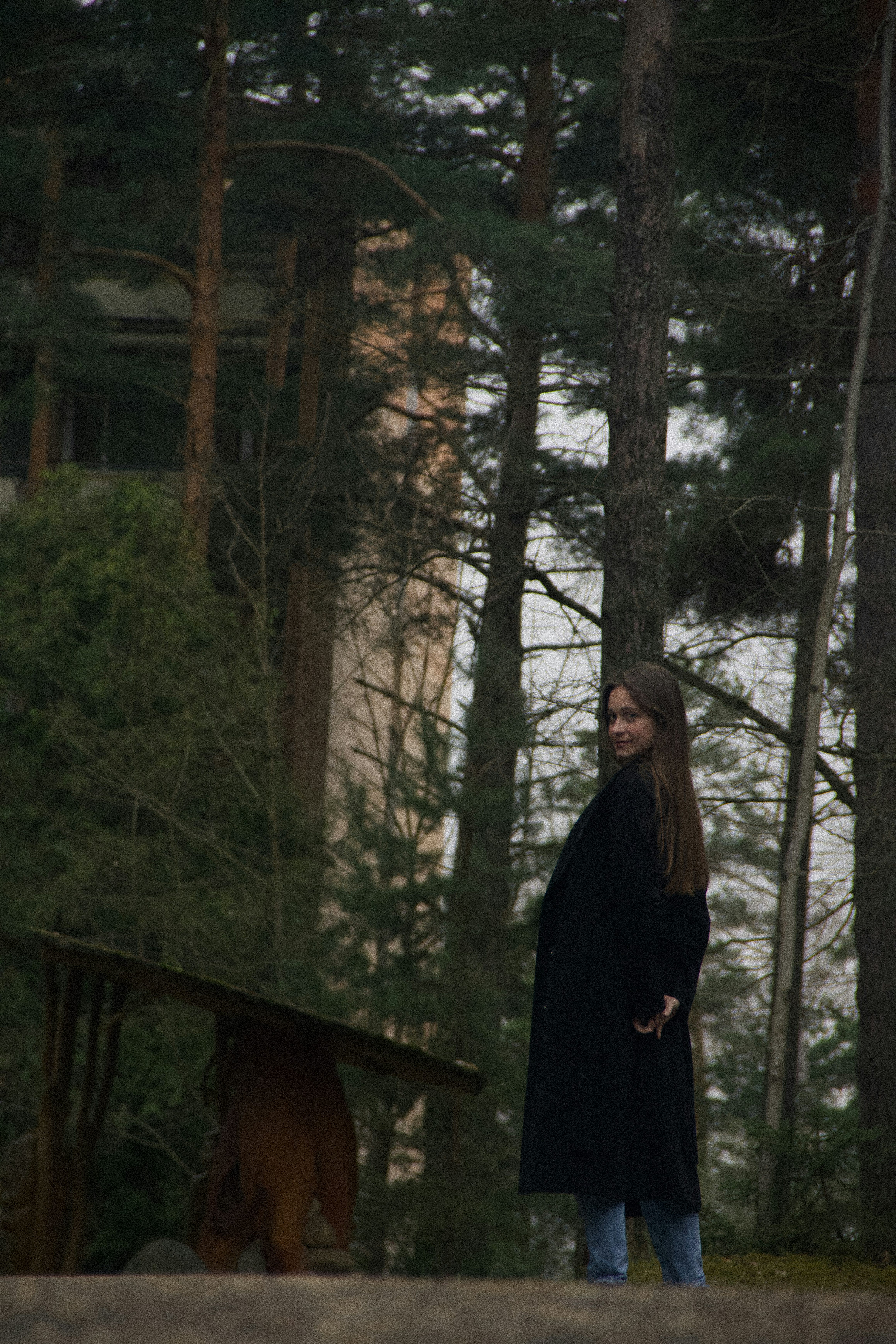 Forest Portrait: A Woman in a Dark Coat Within Pencil Pines