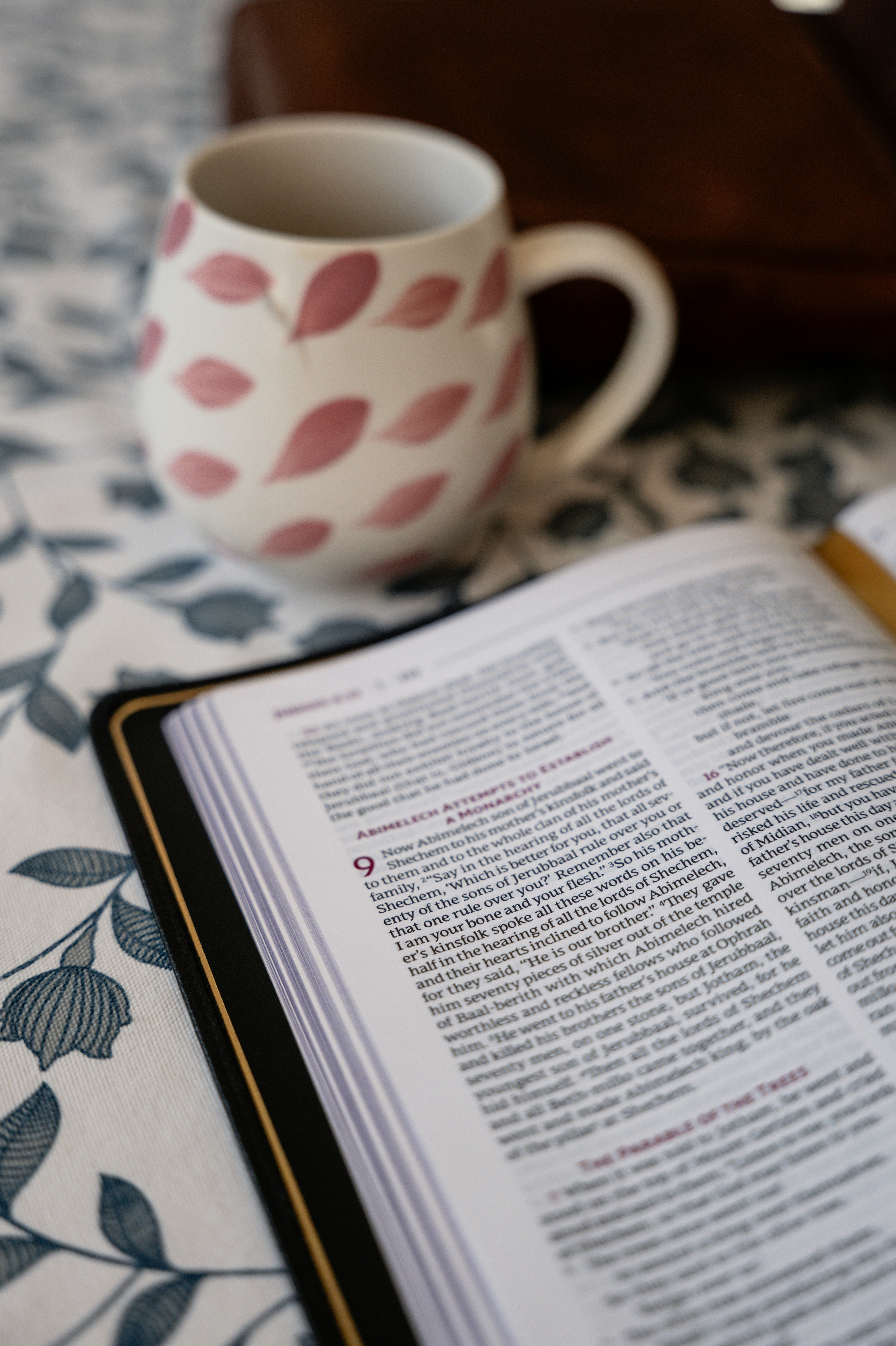 Cozy Morning: Tea Mug and Open Bible in Soft Focus
