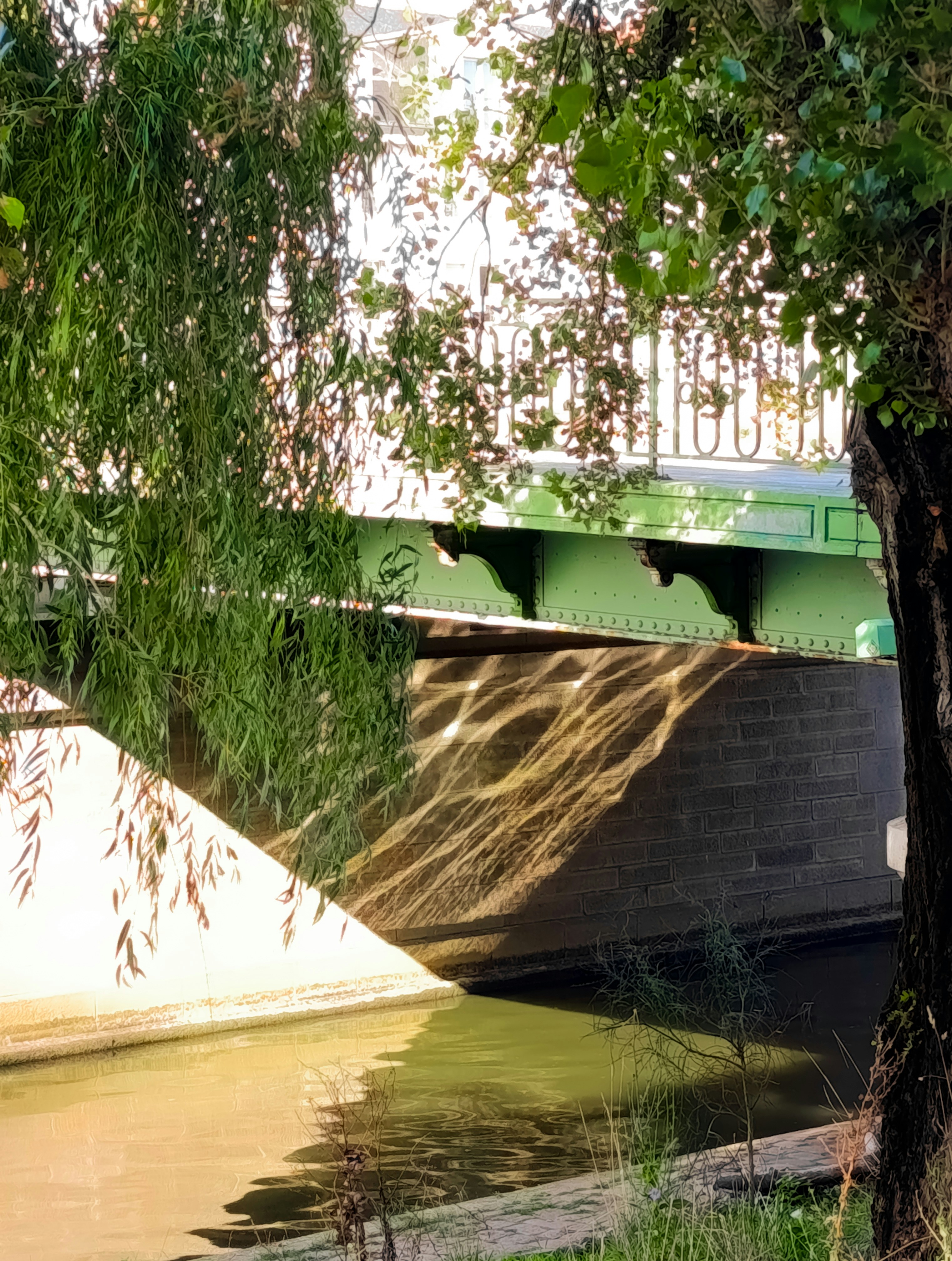 Sunlit Willows and a Green Bridge: Shadowed Stream Scene
