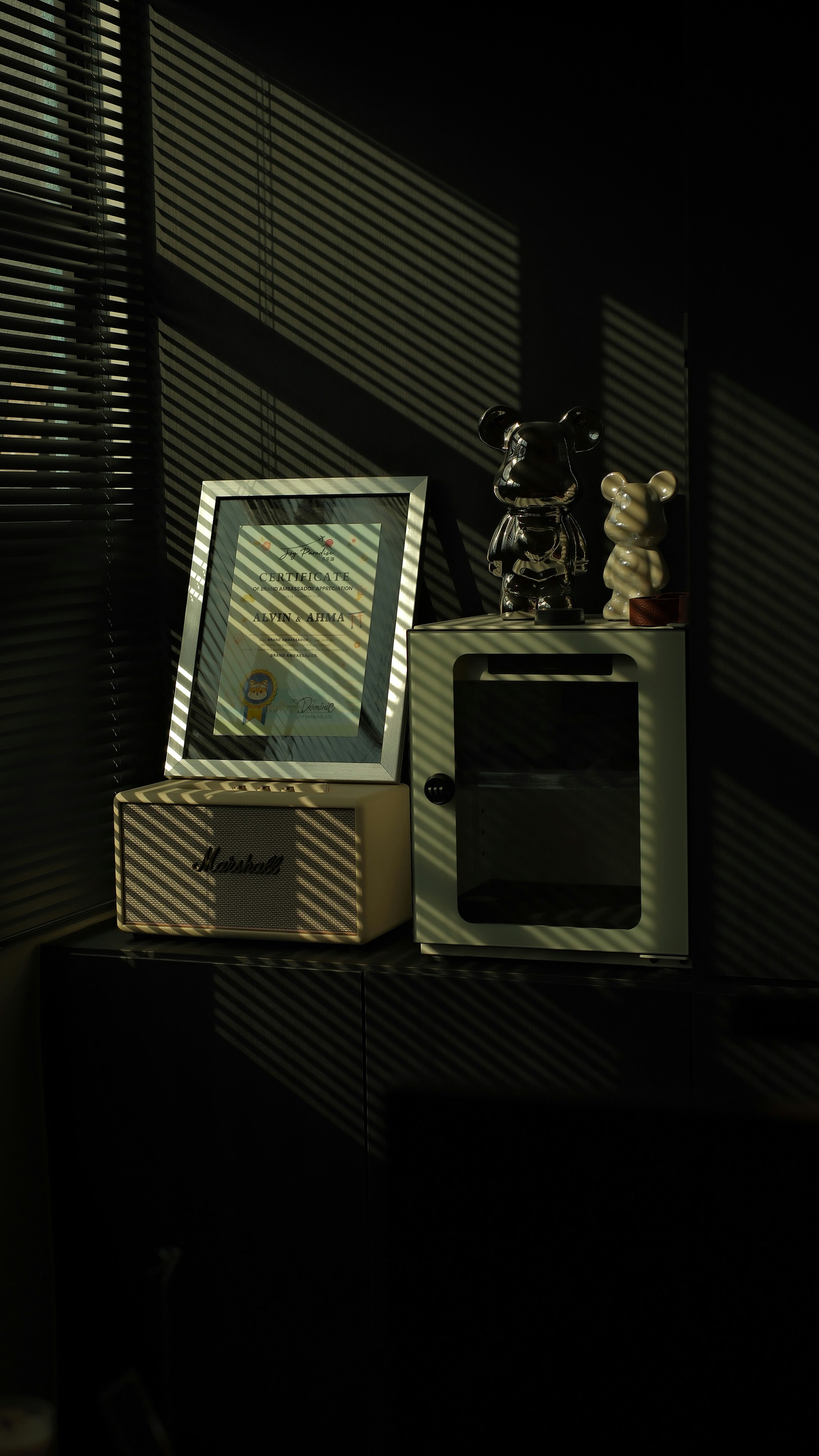 Shadowed Still Life: framed awards and glossy bear atop a miniature cabinet