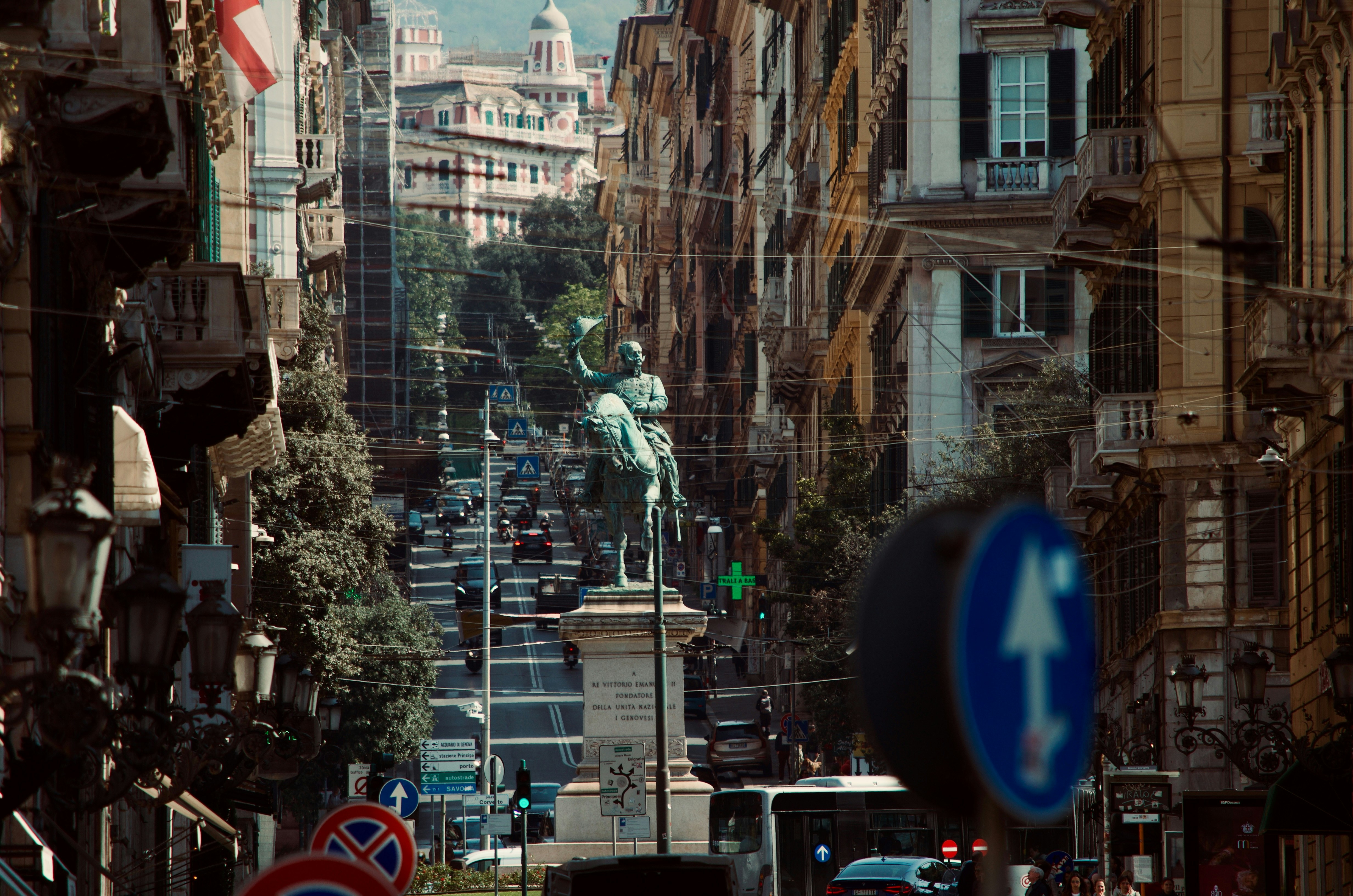 Equestrian Statue Framed by a Sunlit Vantage of a European Street