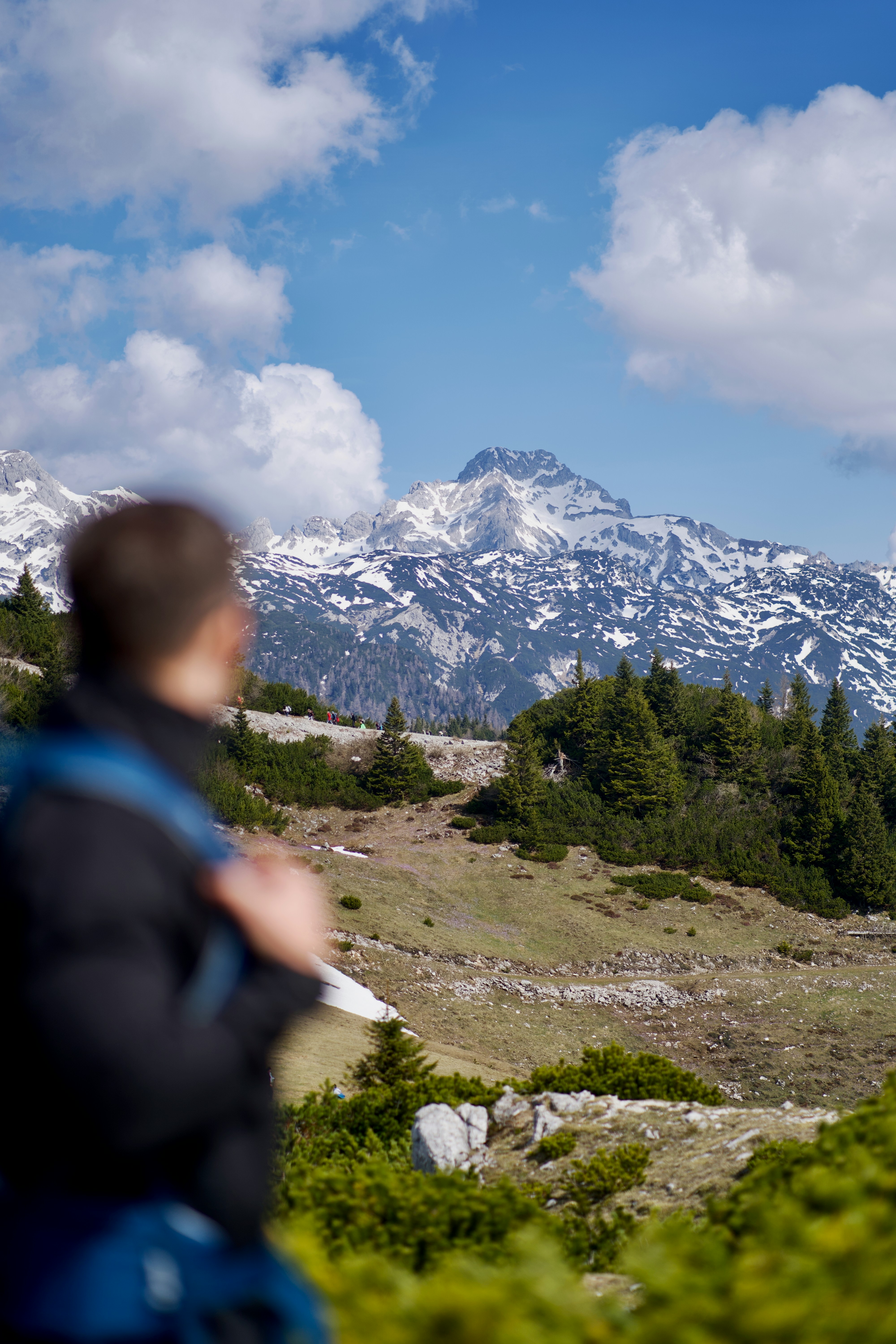 Blurry Traveler Against Snowy Peaks
