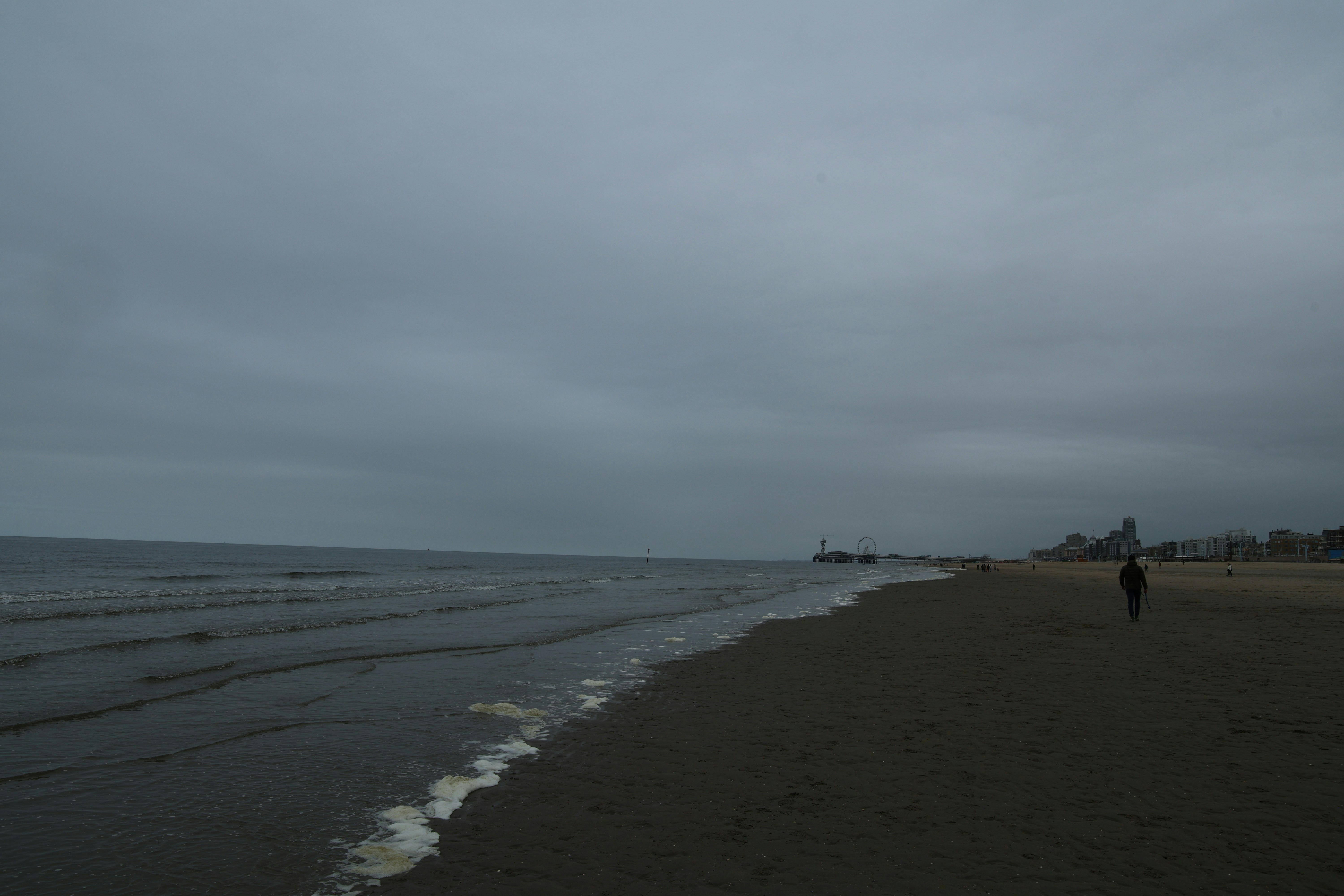 Muted Horizon: Lone Figure on a Windy Seashore