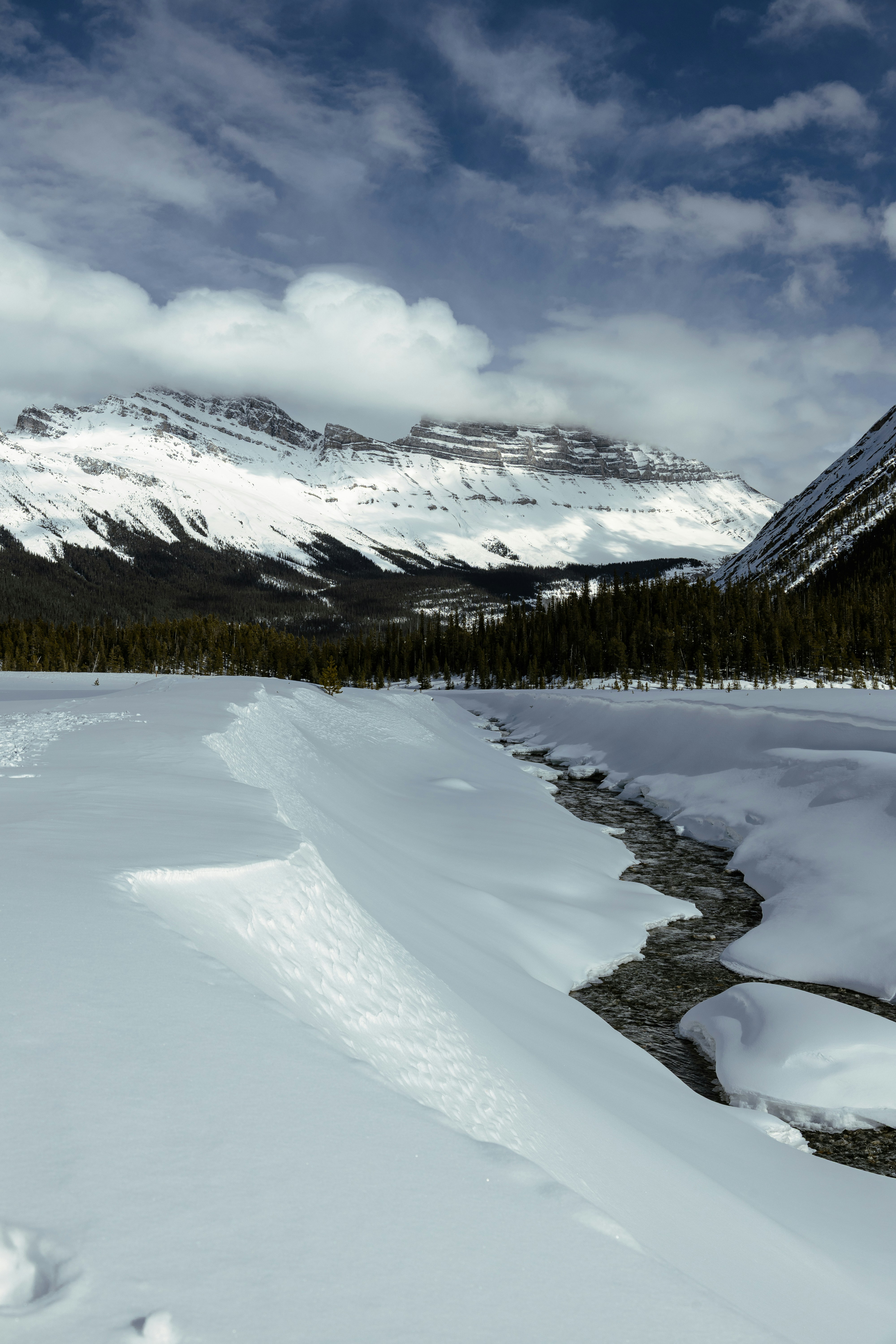Glacial Creek Carving Through Snow-Cloaked Valley Beneath Alpine Peaks
