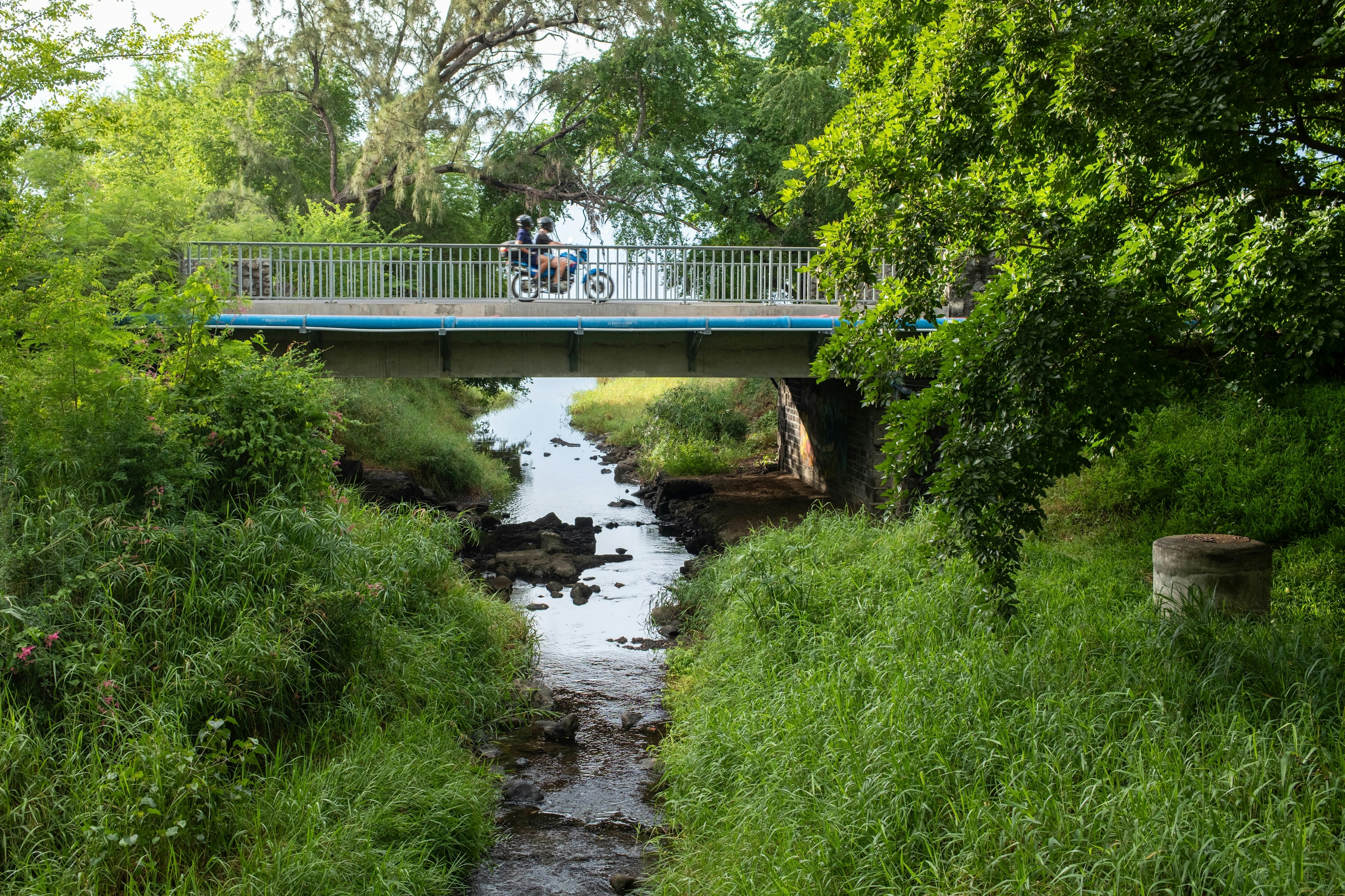 Bridge Scene: Bicycle and Passenger on a Quiet River Crossing