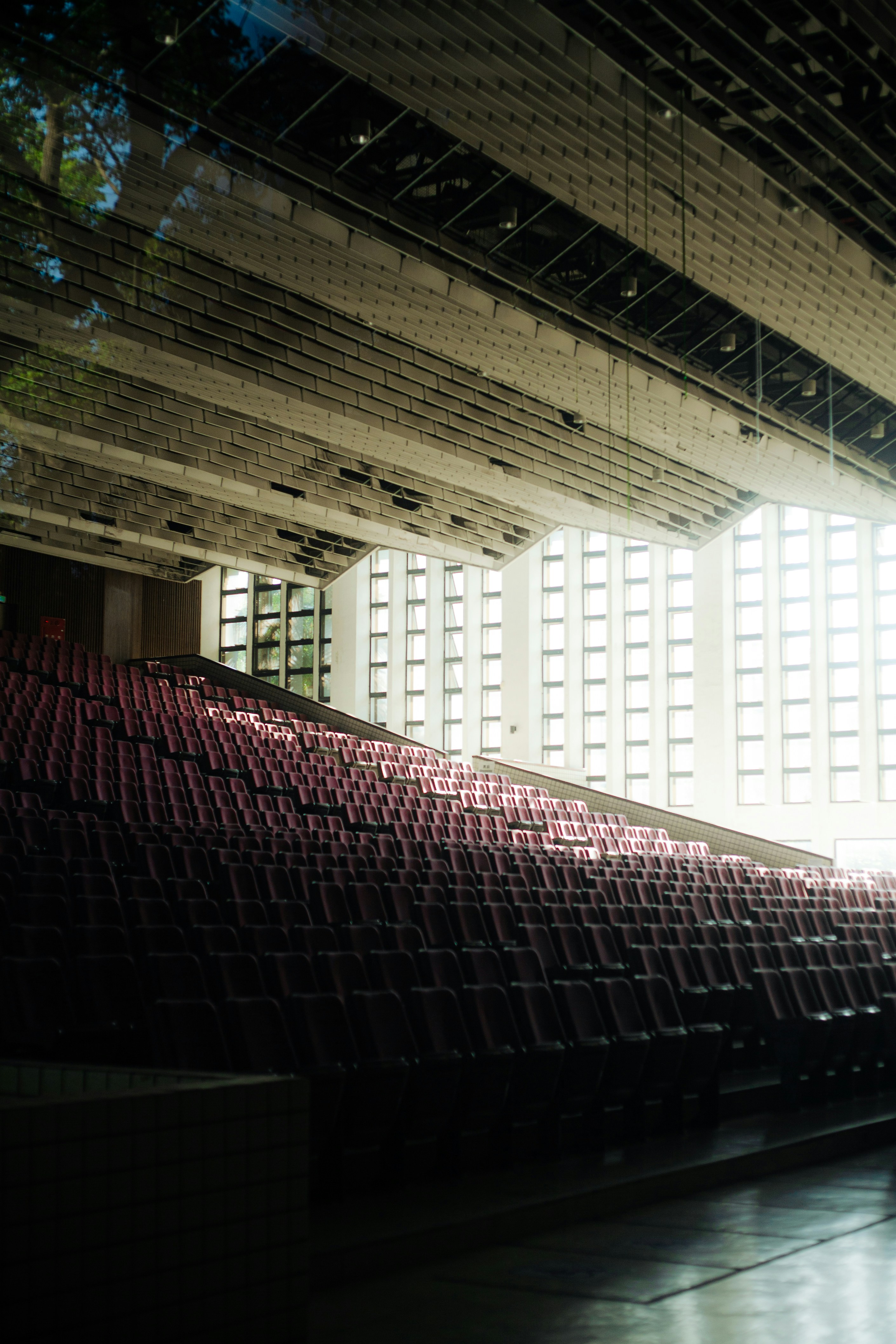 Sunlit Auditorium Awning: Quiet Rows Beneath a Wave of Windows