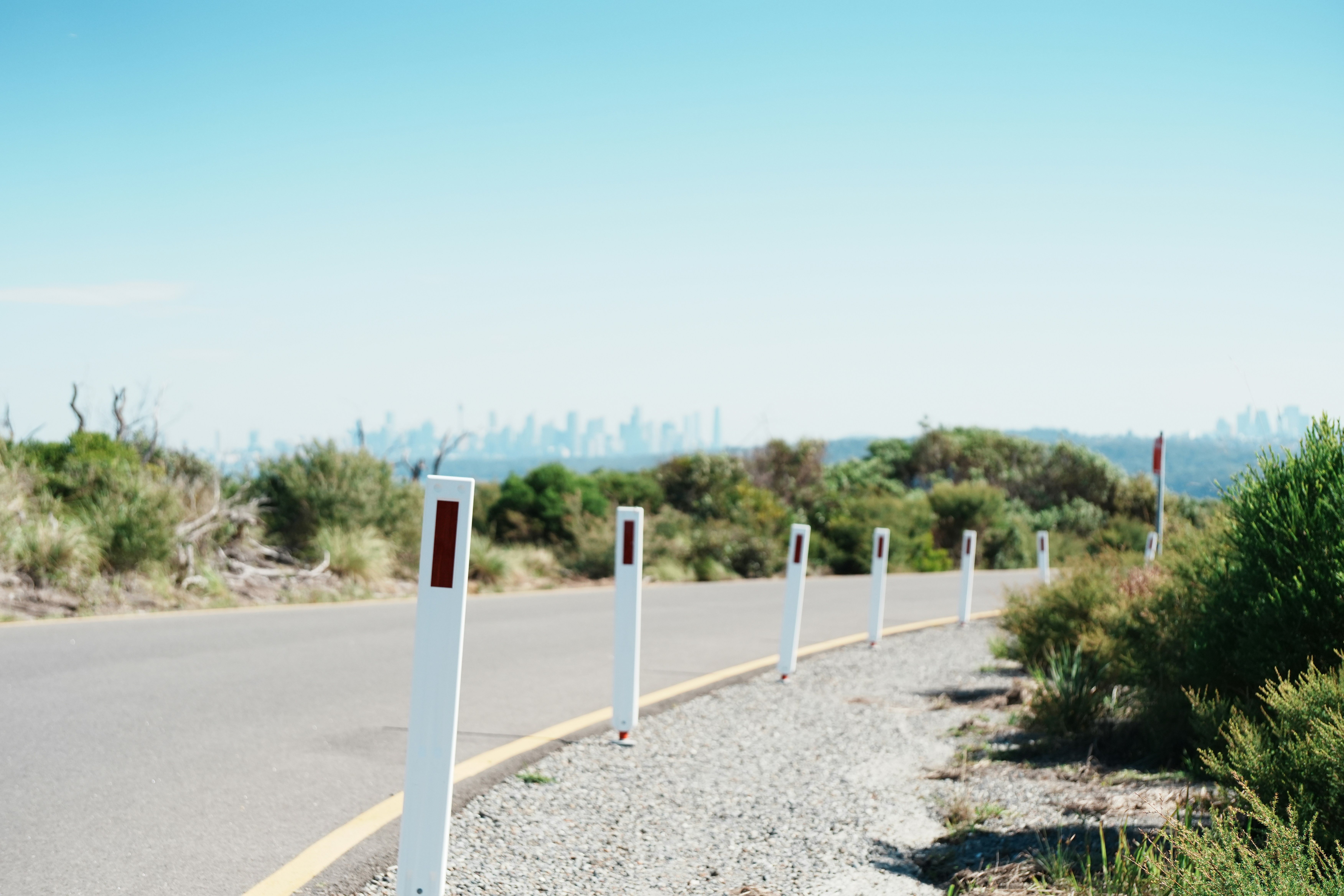 Roadside Markers Under a Clear Coastal Sky