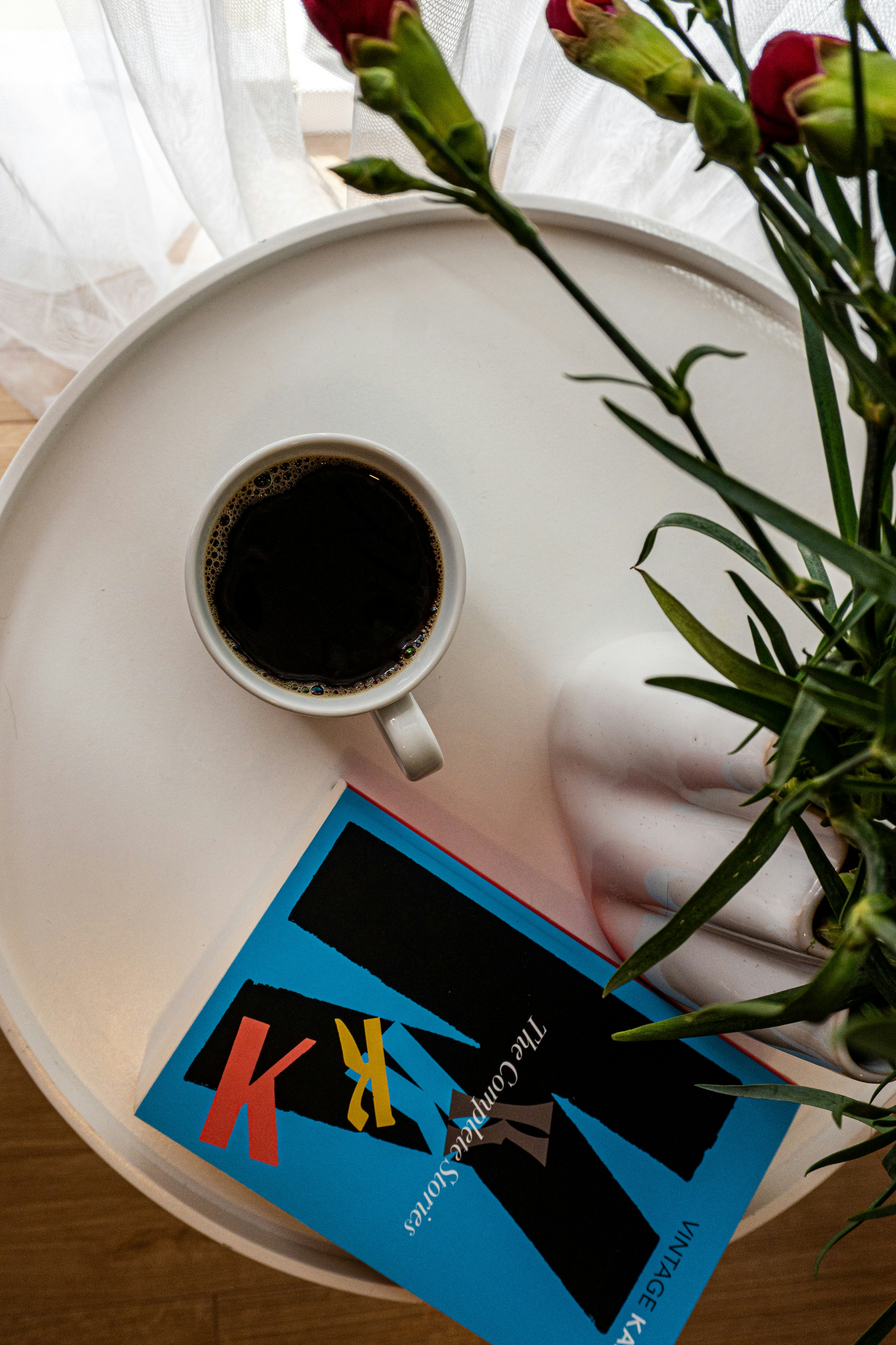 Morning Brew on a White Tray: Coffee, Cards, and Blooms