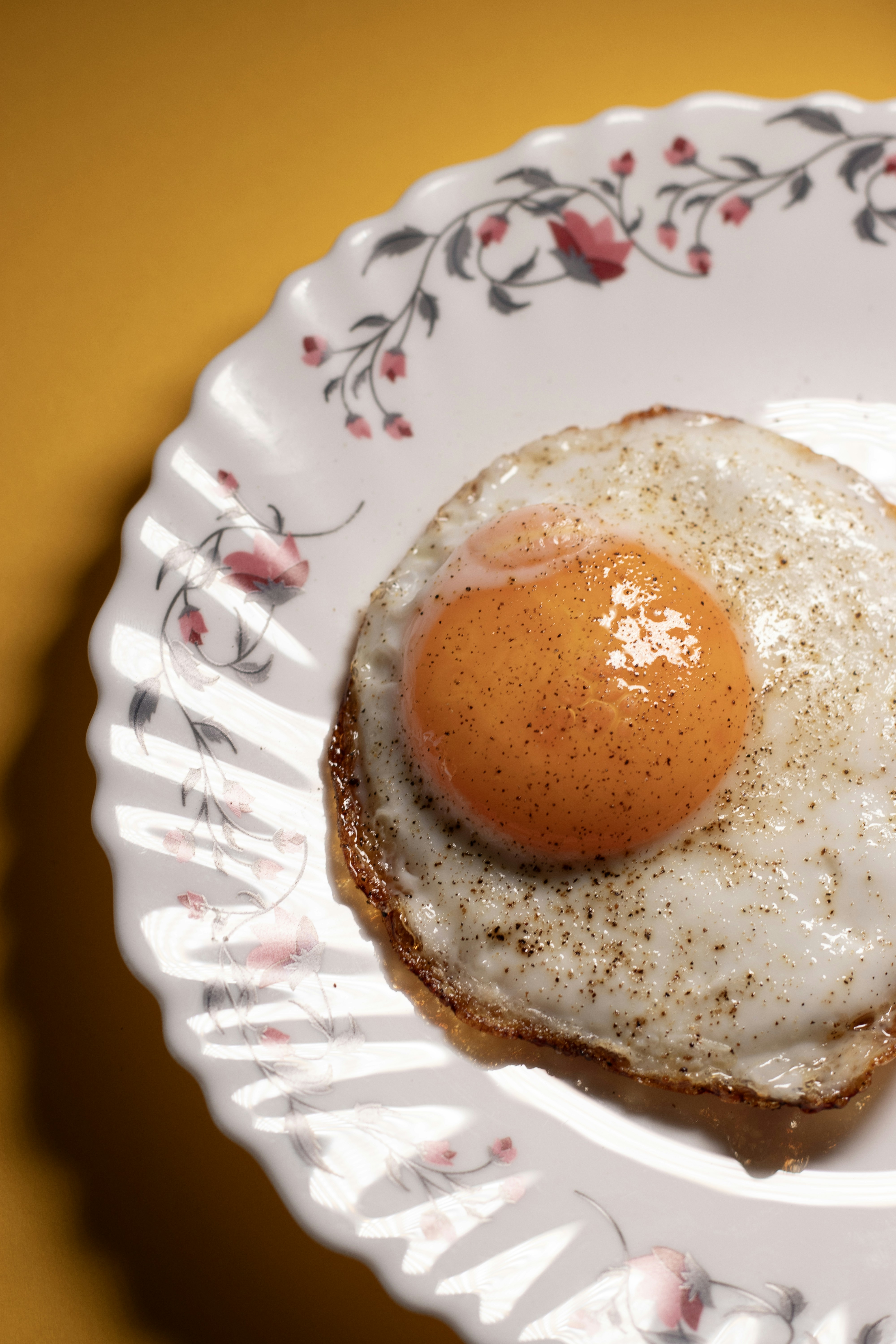 Sunny-side Focus: A Plate-Charmed Egg on Floral Rimmed Dish