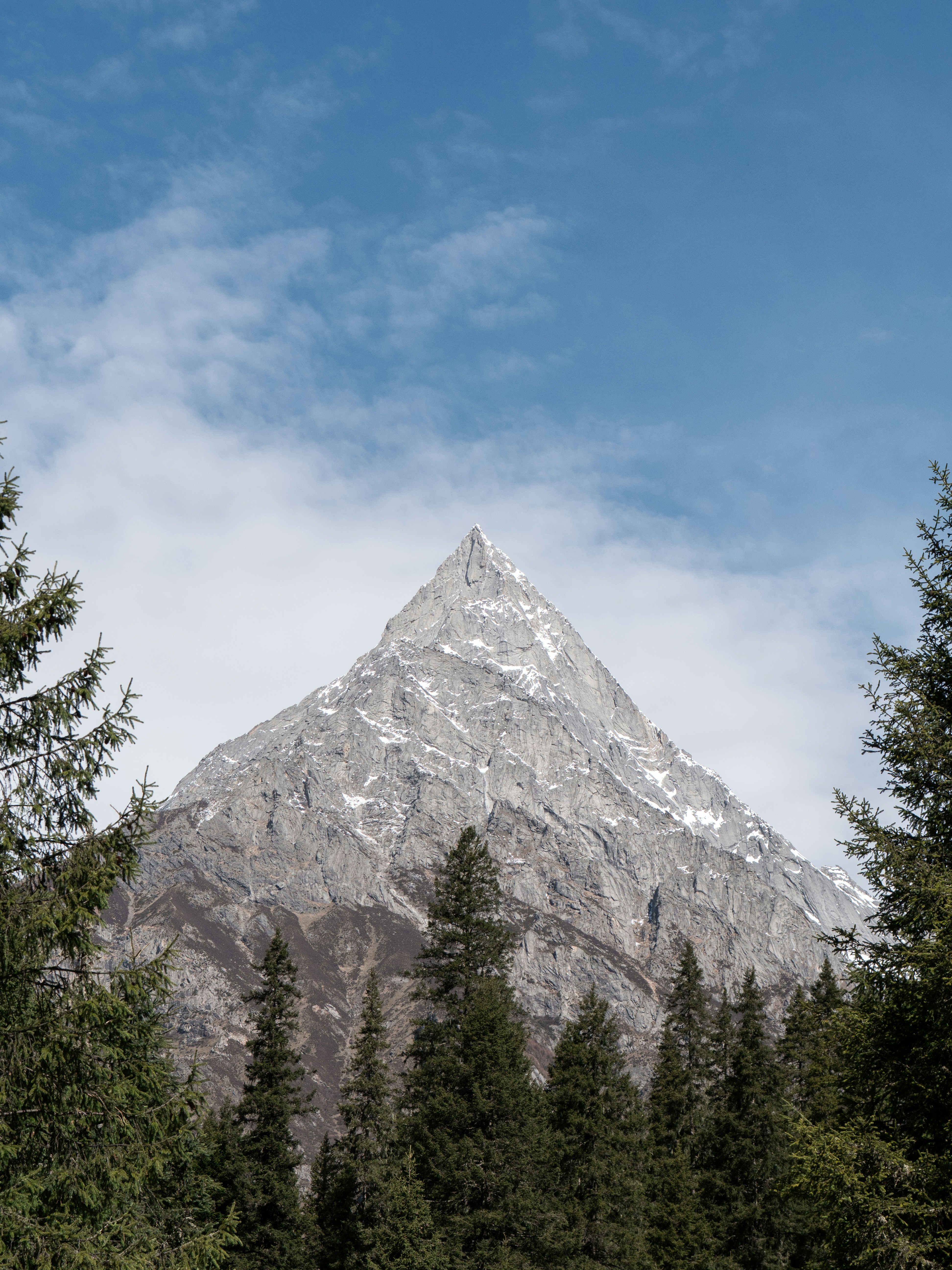 The Steepled Peak: A Snow-tipped Summit Rising Over Pines