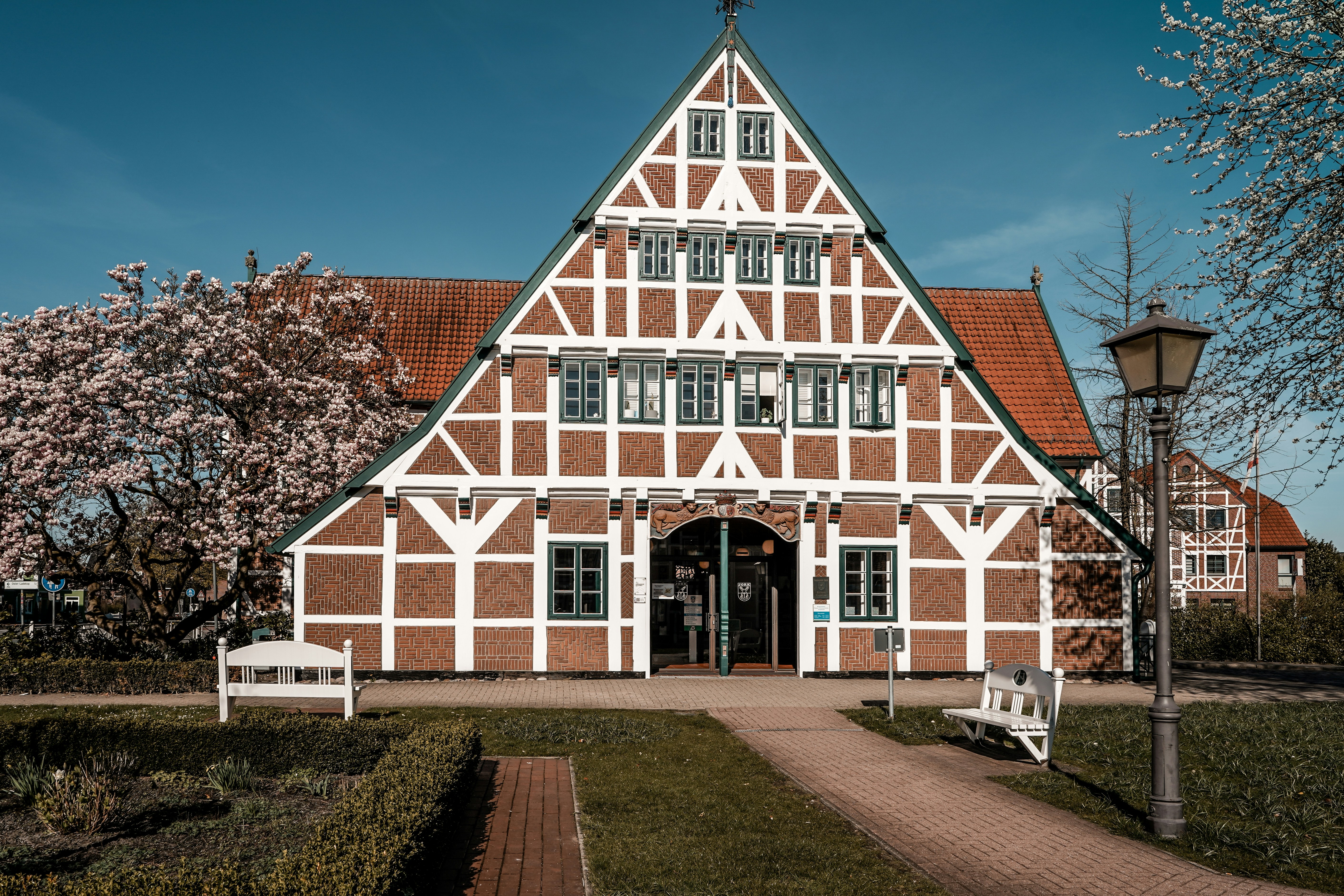 Timber-Framed Facade on a Bright Spring Day
