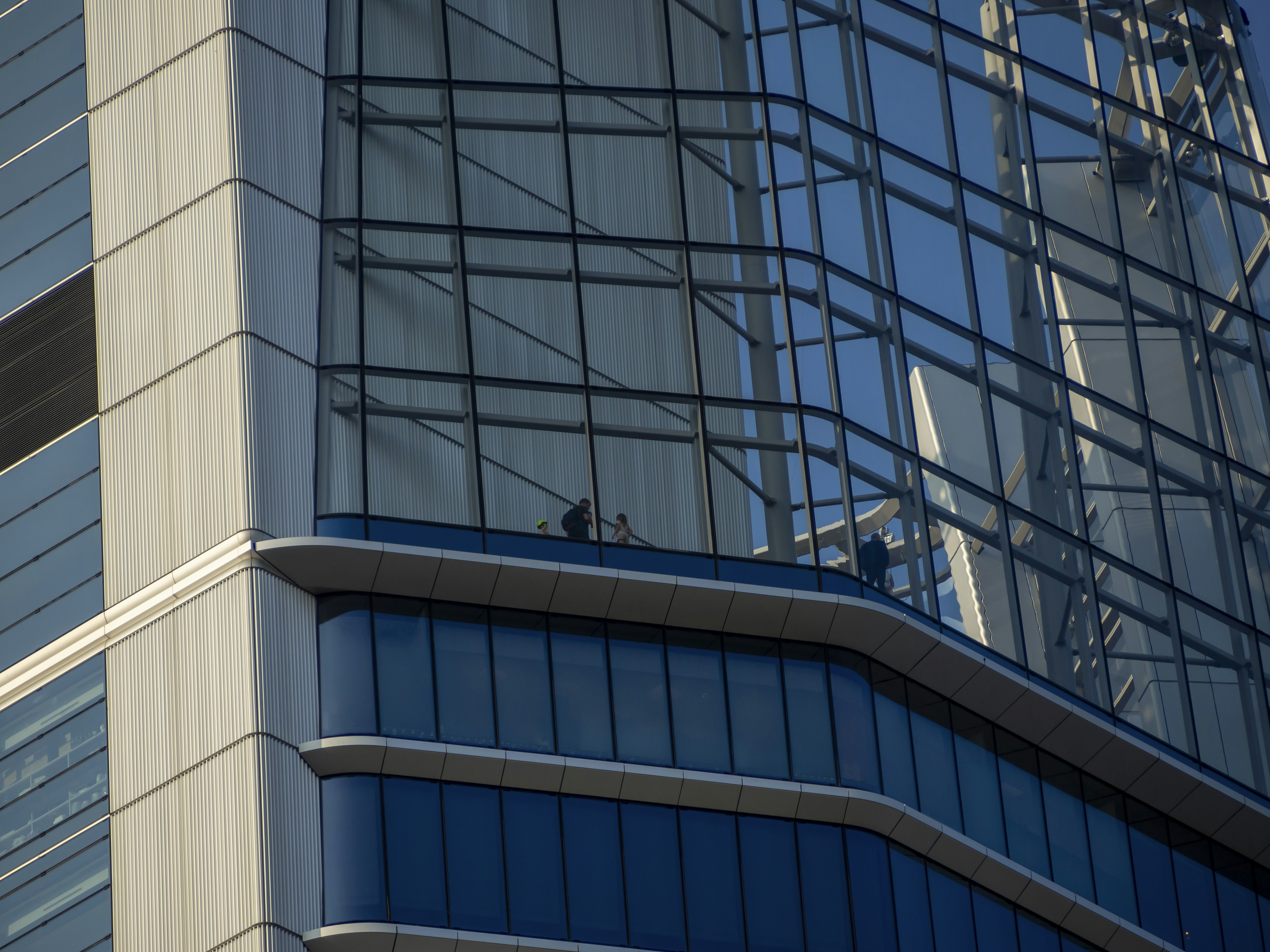 Glass Facade with Silent Observers on a Curved Terrace
