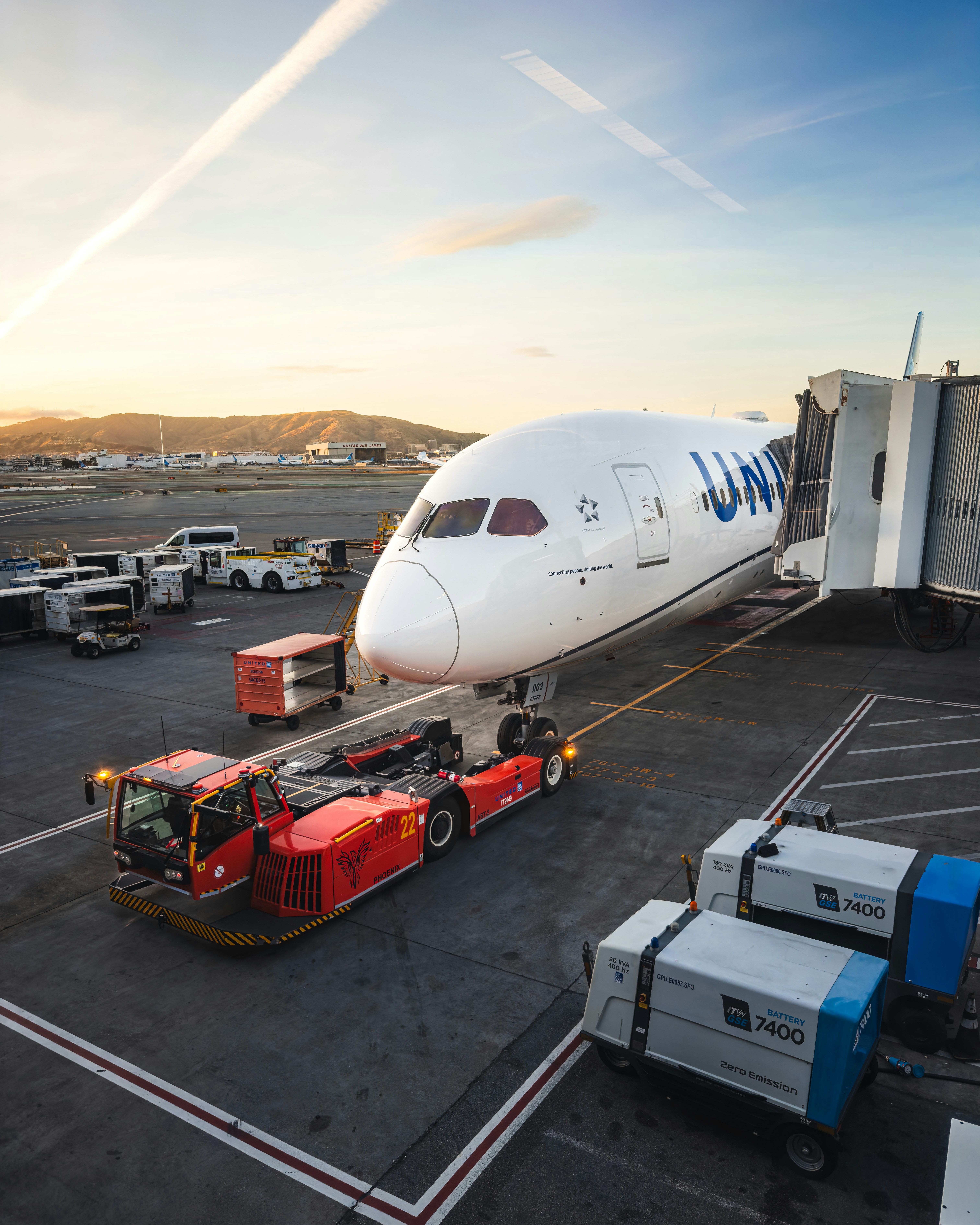 Gateway to Departure: Nose of the Jet at Sunset Gate