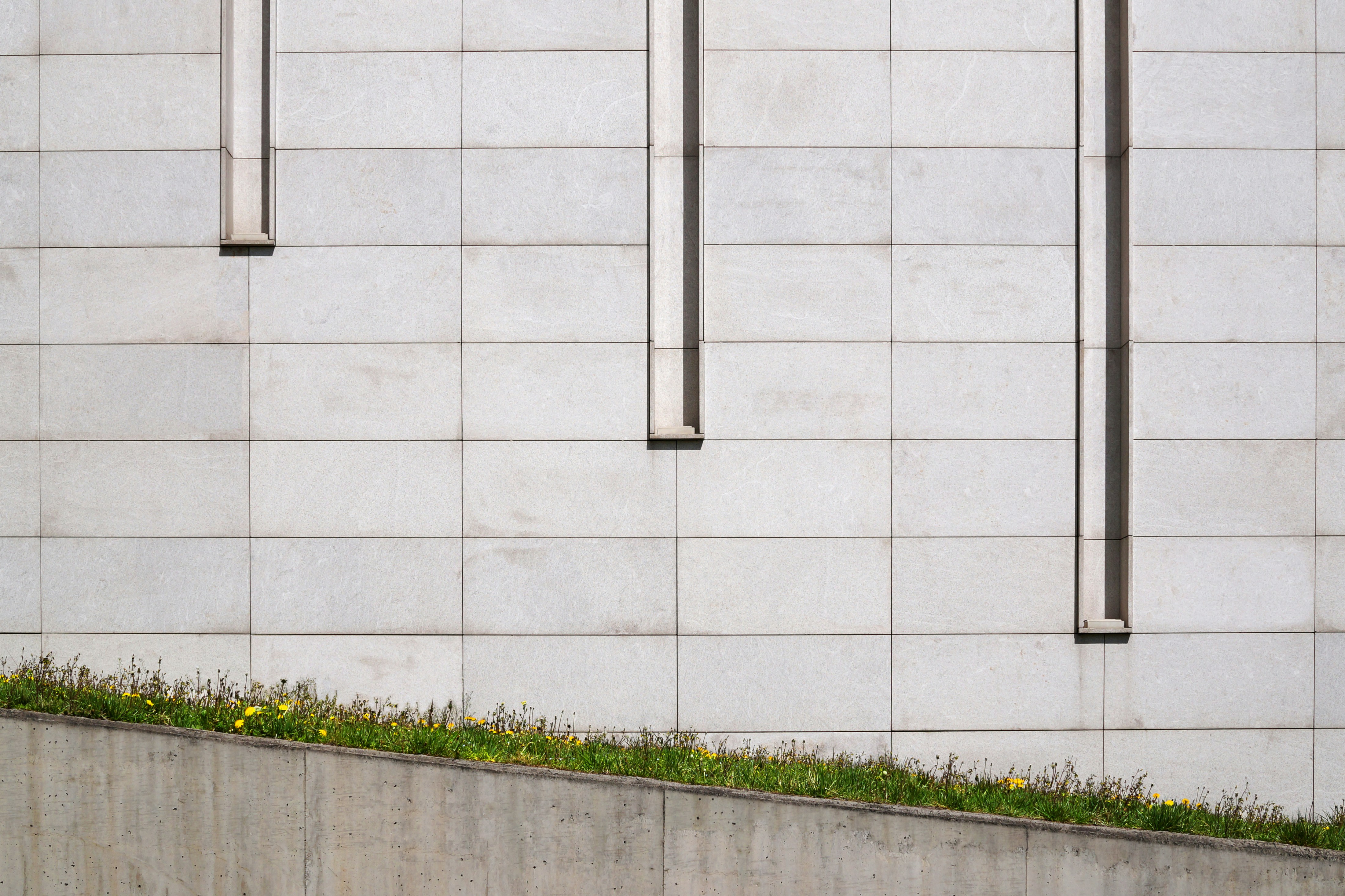 Minimalist concrete facade with vertical light fixtures