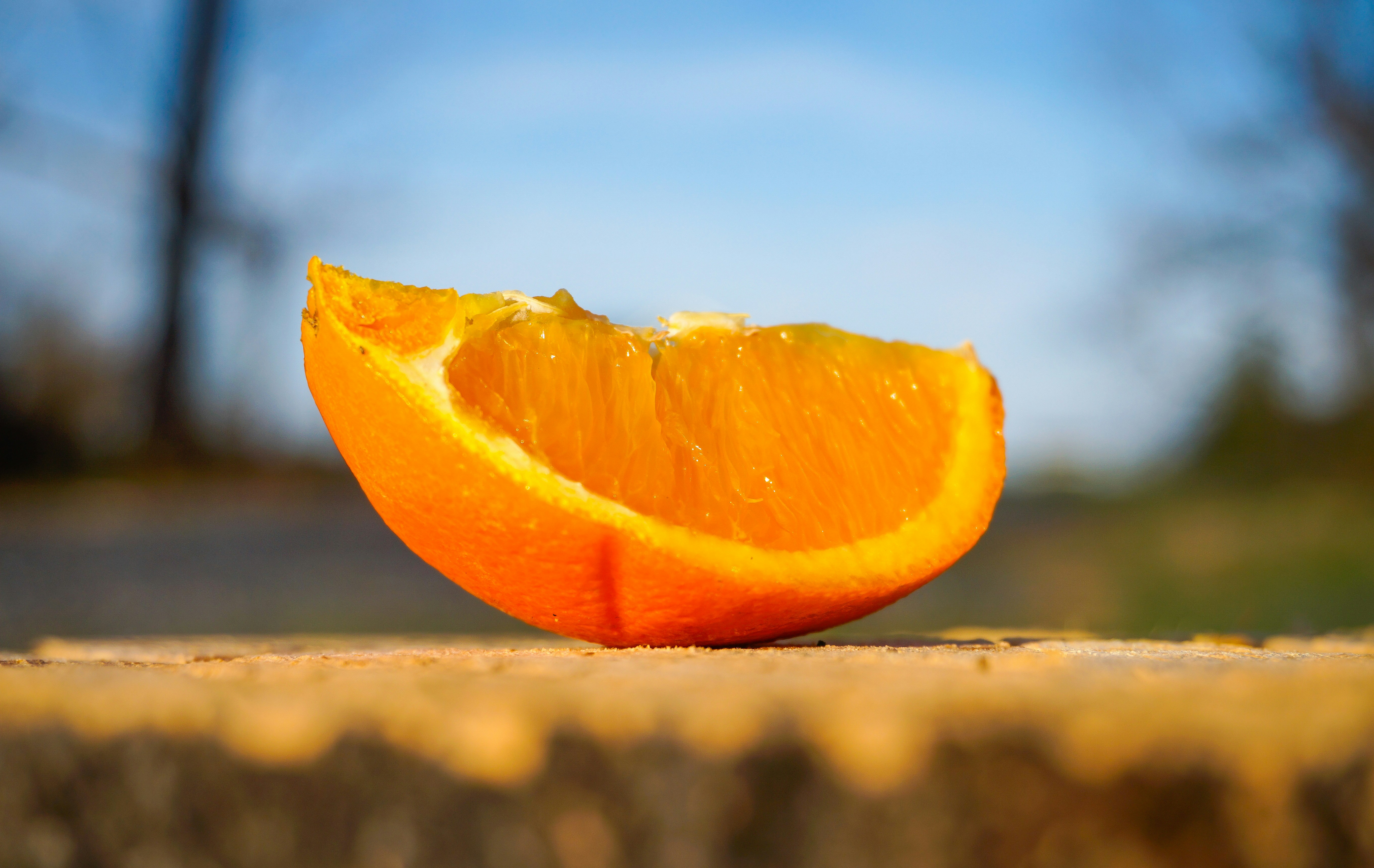 Orange Slice on a Sunlit Surface: A Moment of Juicy Color