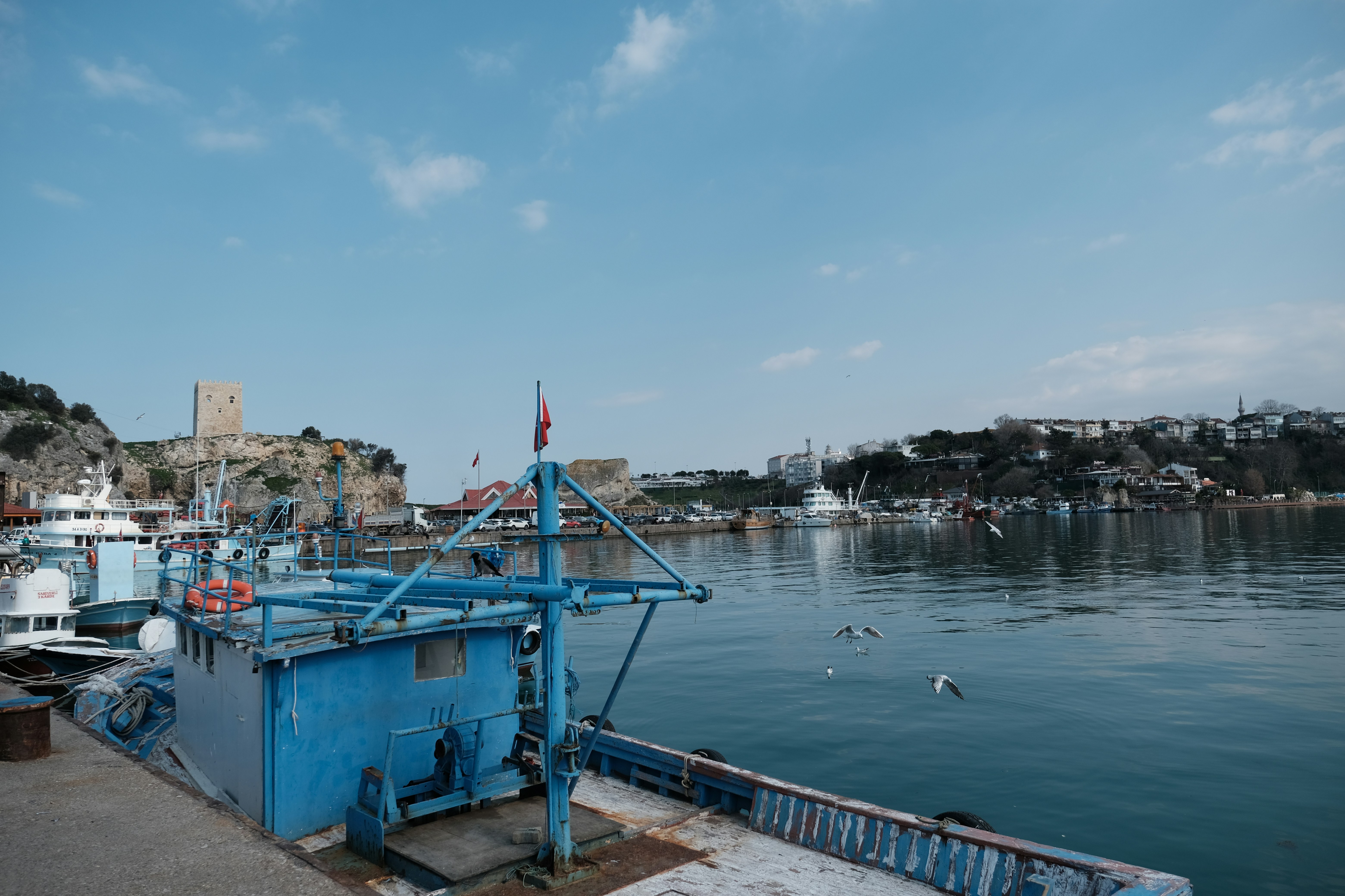 Blue Boat Crane at the Calm Harbor