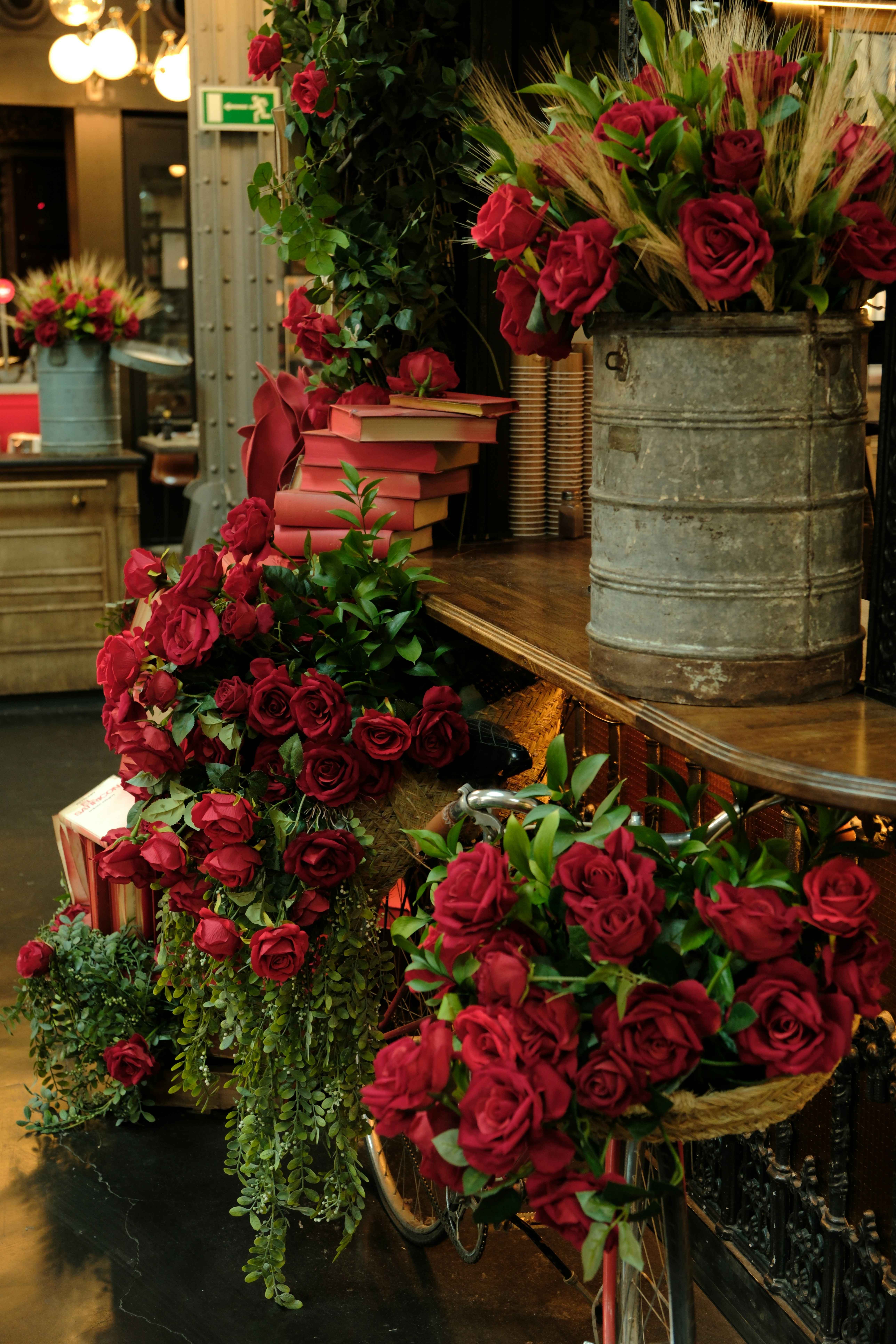 Crimson Rose Cascade at a Vintage Floral Corner