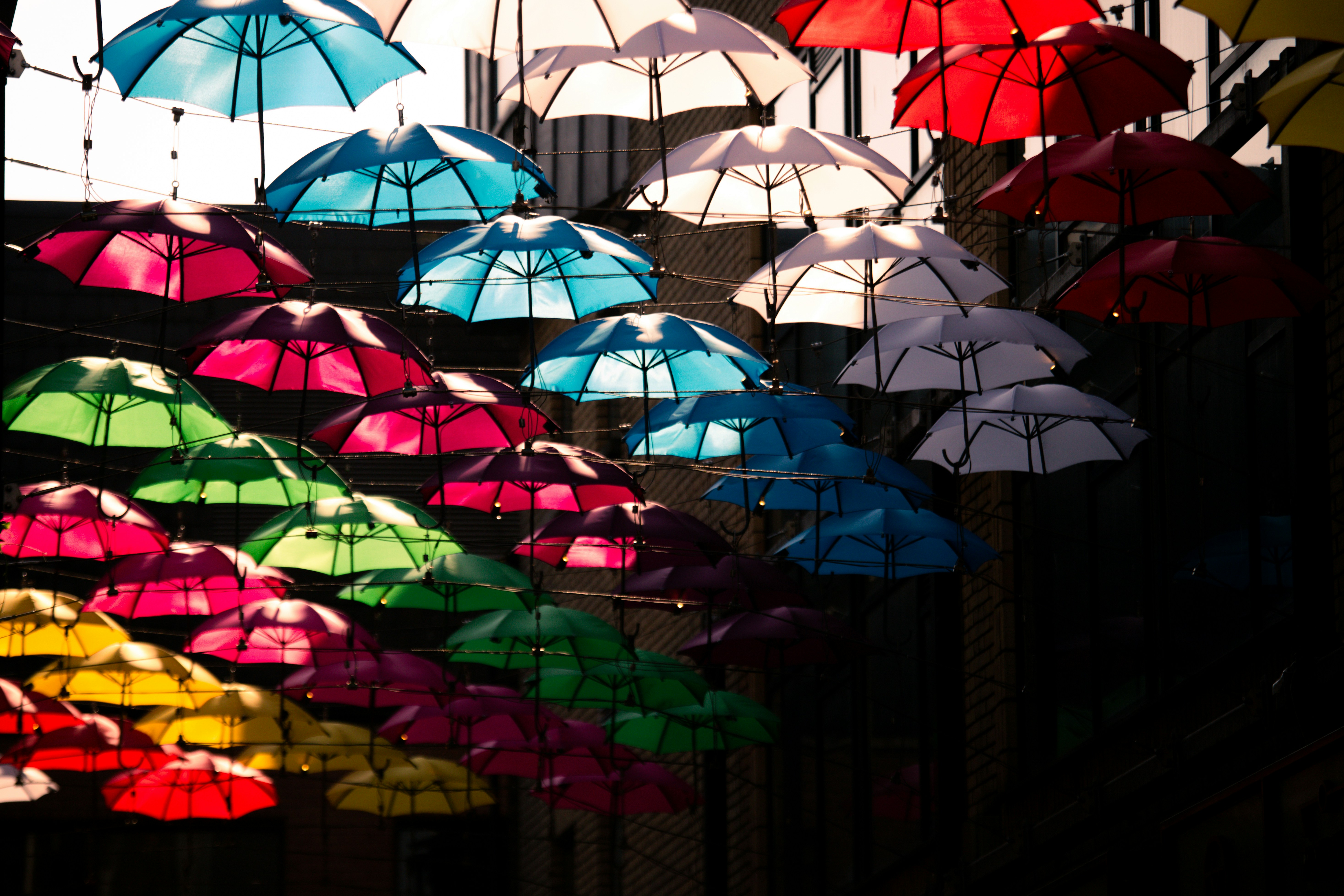A Sky Quilt of Umbrellas: Colorful Canopy Over a Narrow Street