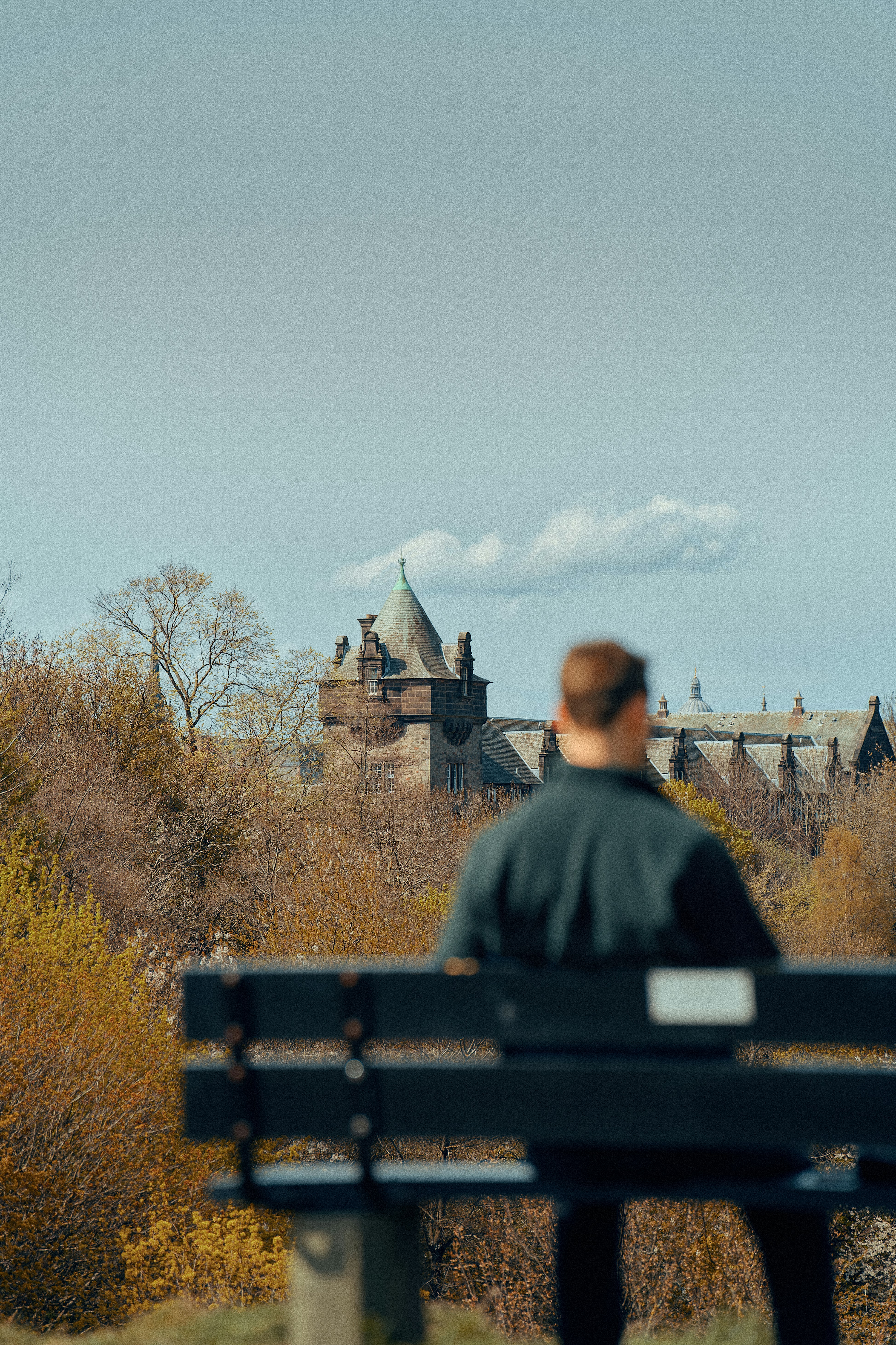Autumn Benchset: A distant castle and a lone observer