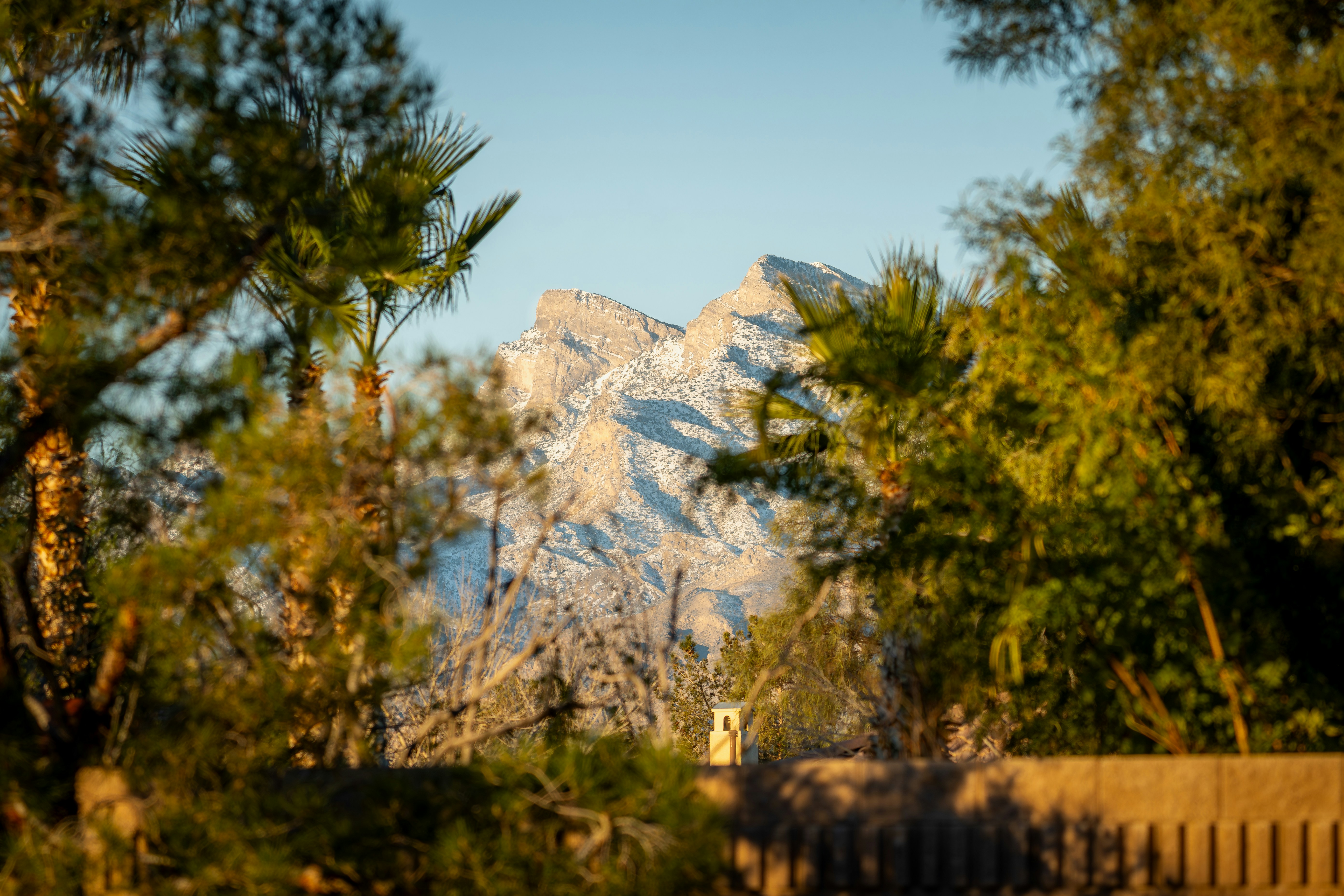Sunlit Peaks Beyond a Quiet Fence