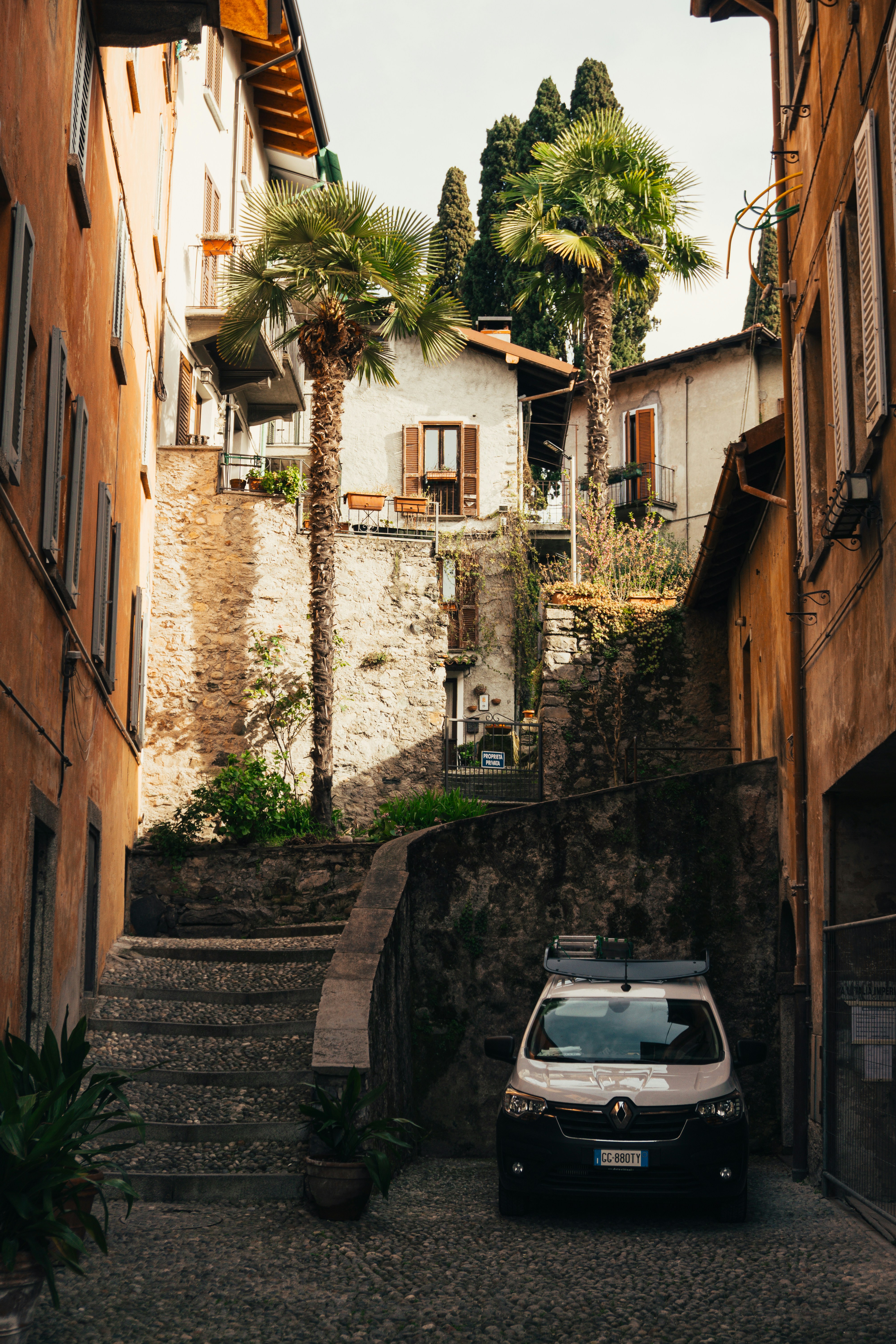 Sunlit Alleyway: Palm Trees and a Quiet Staircase beyond aged stone