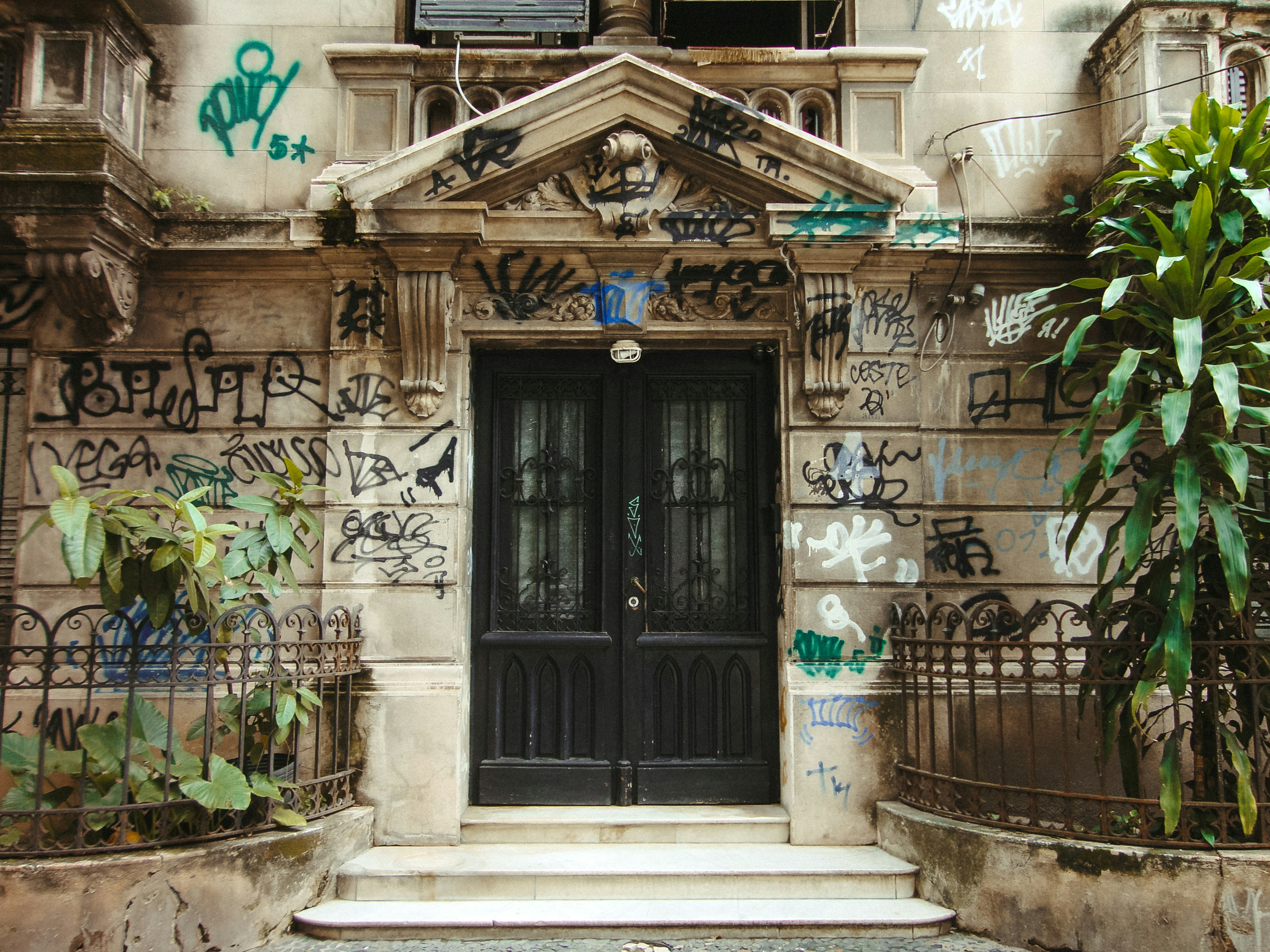 Graffiti-Guarded Portal: A Medley of Walls and Weeds Framing a Doorway