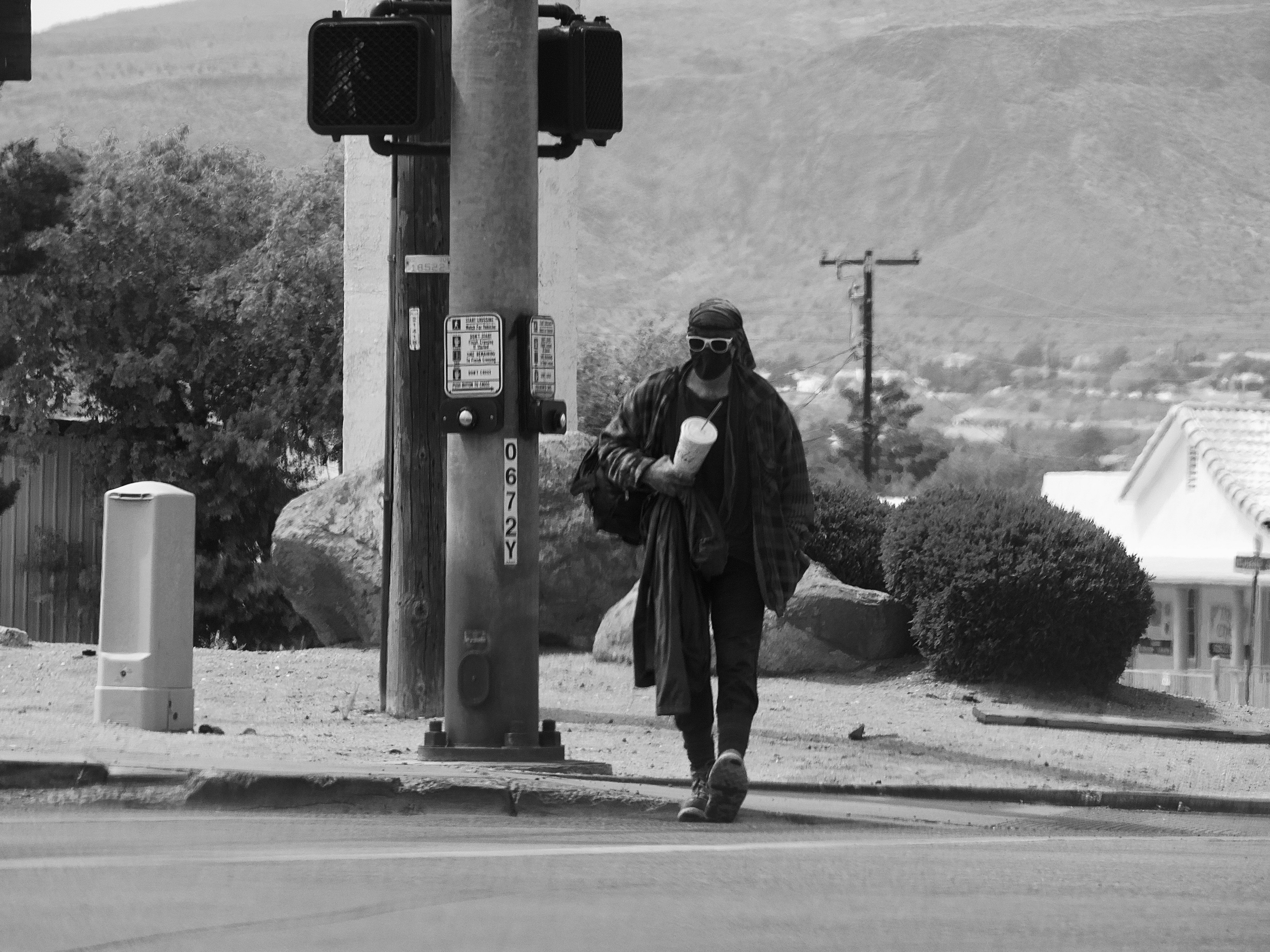 Masked Wanderer at the Crosswalk