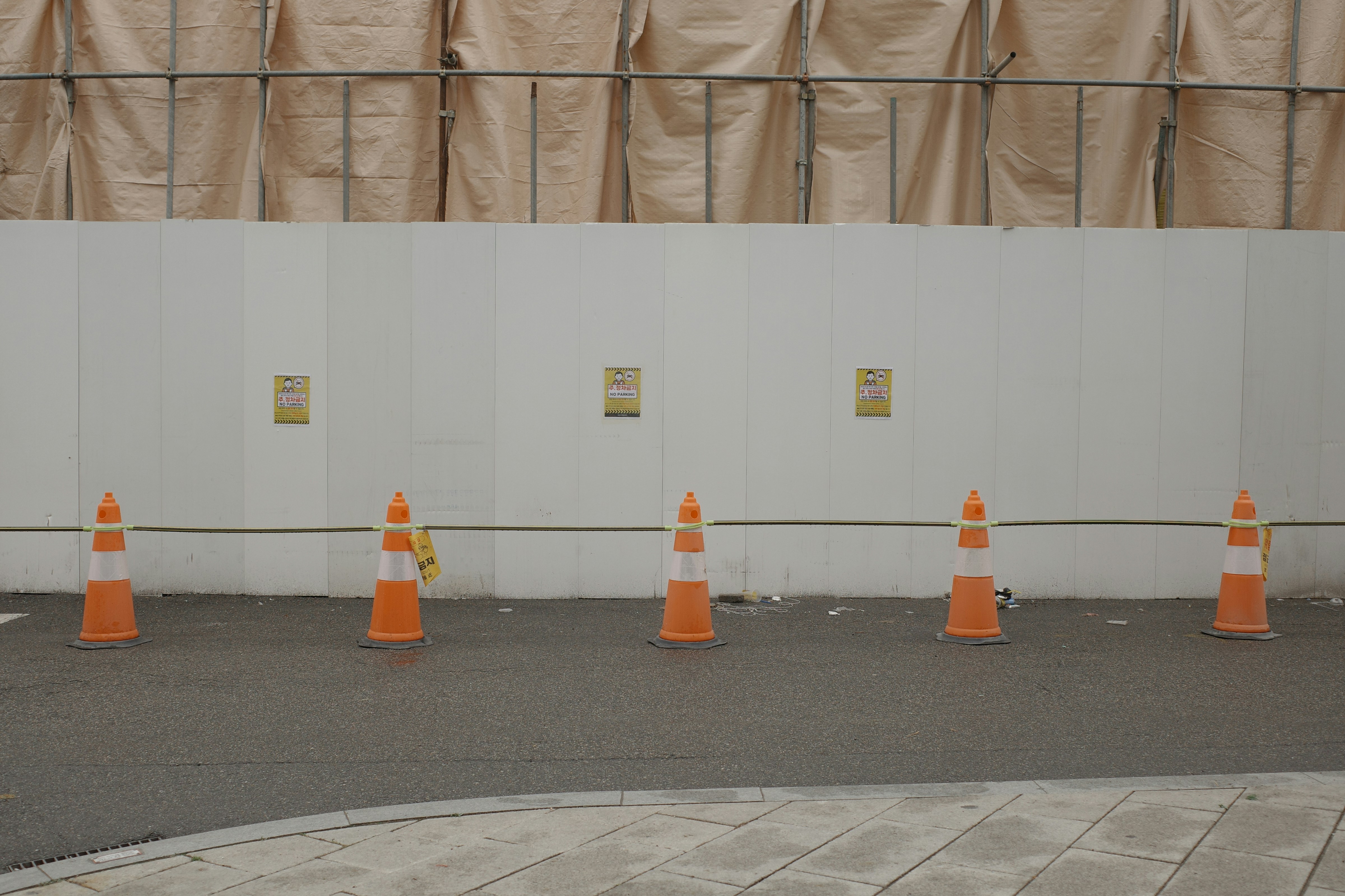 Orange Traffic Cones Stand Guard Before a White Construction Barrier