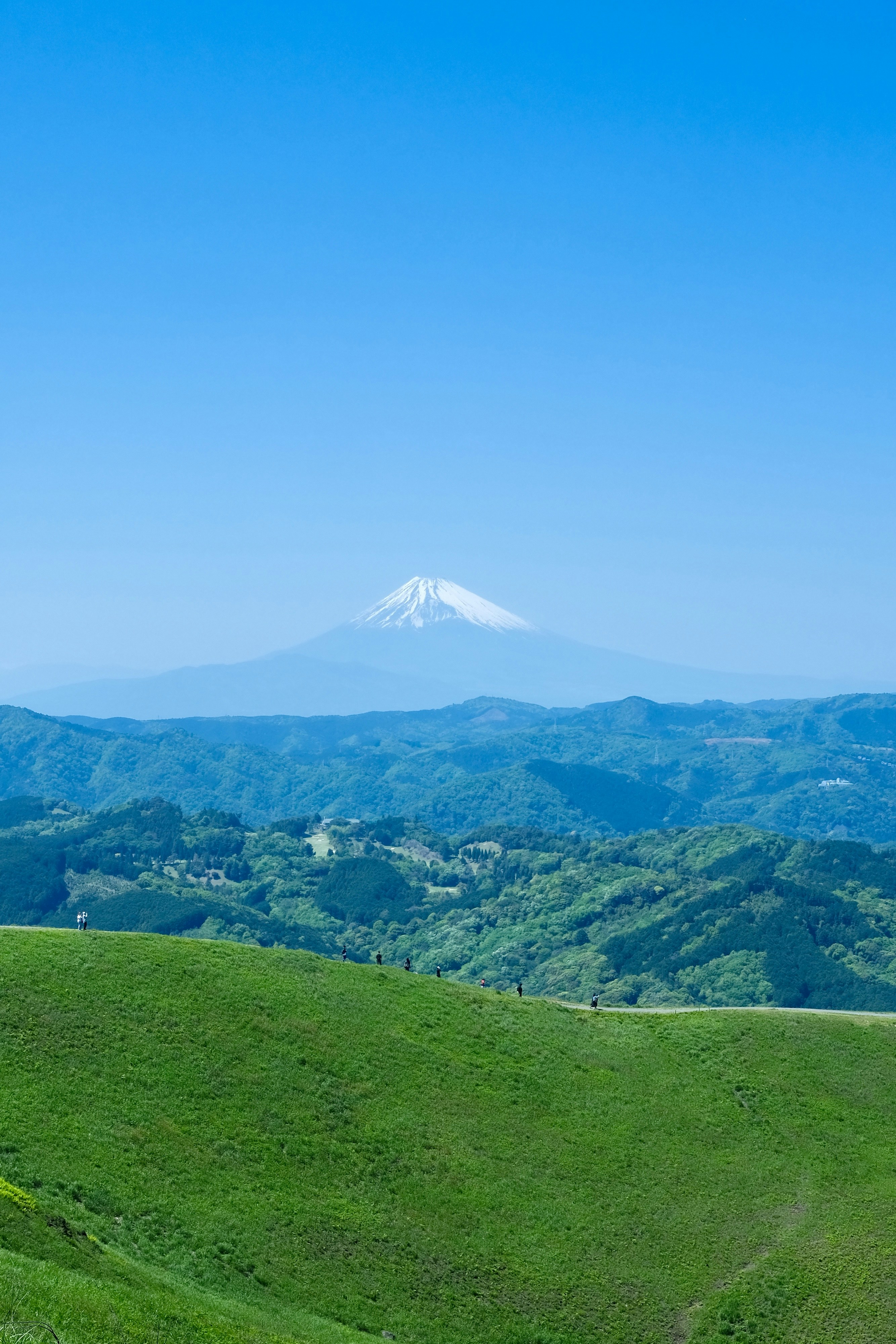 Snow-capped peak over rolling green hills under a clear blue sky