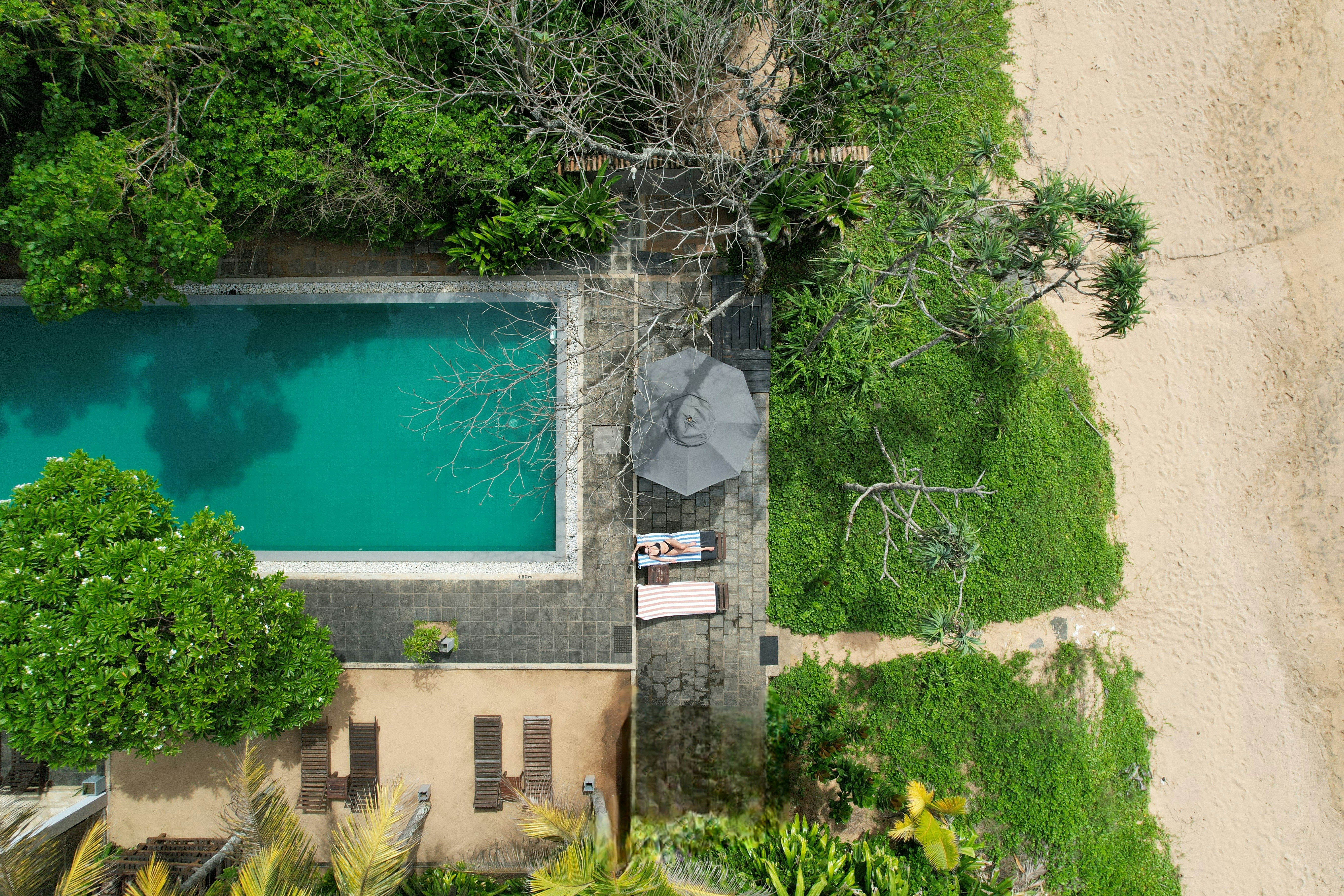 Oceanfront Retreat: Aerial View of Poolside Oasis Nestled by Beach