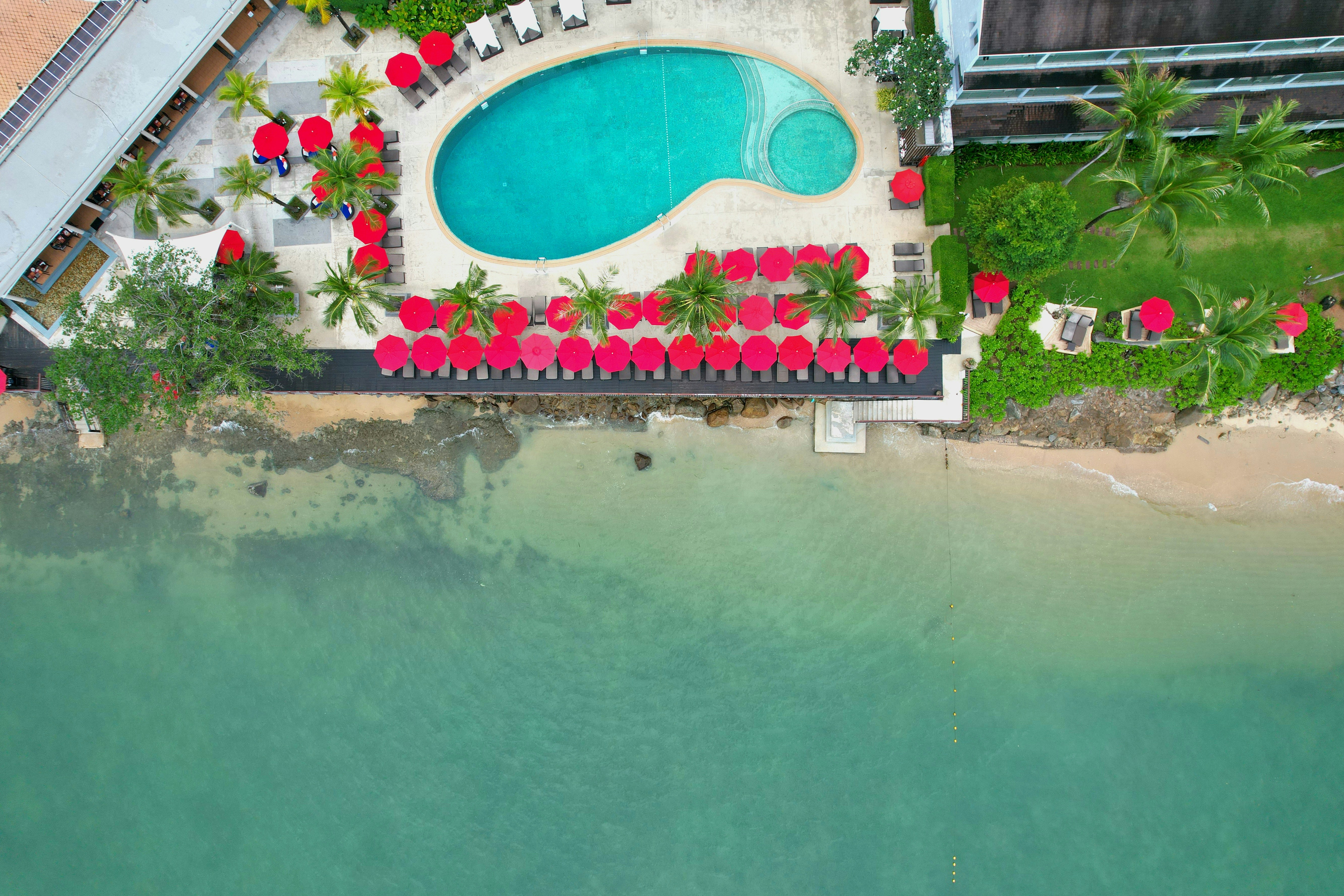 Aerial Retreat: Poolside Red Canopies Framing a Seaside Resort